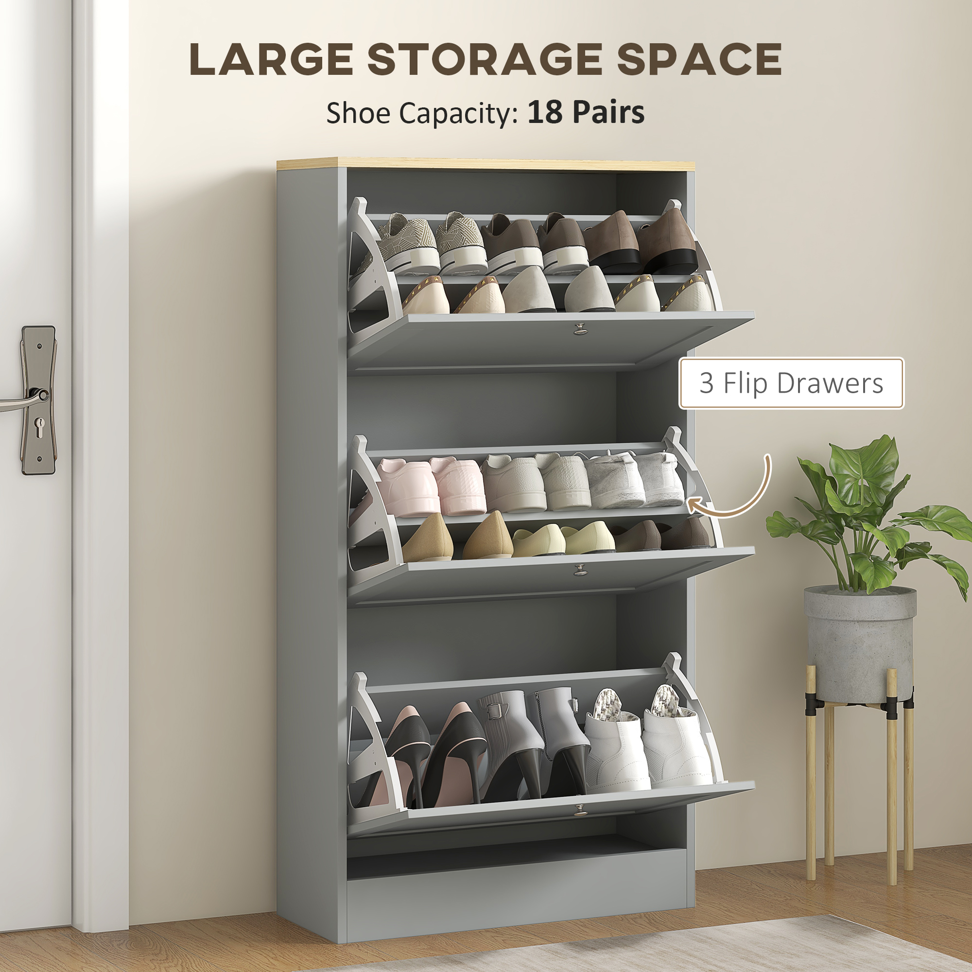 HOMCOM Modern Shoe Storage with 3 Flip Drawers and Adjustable Shelves ...