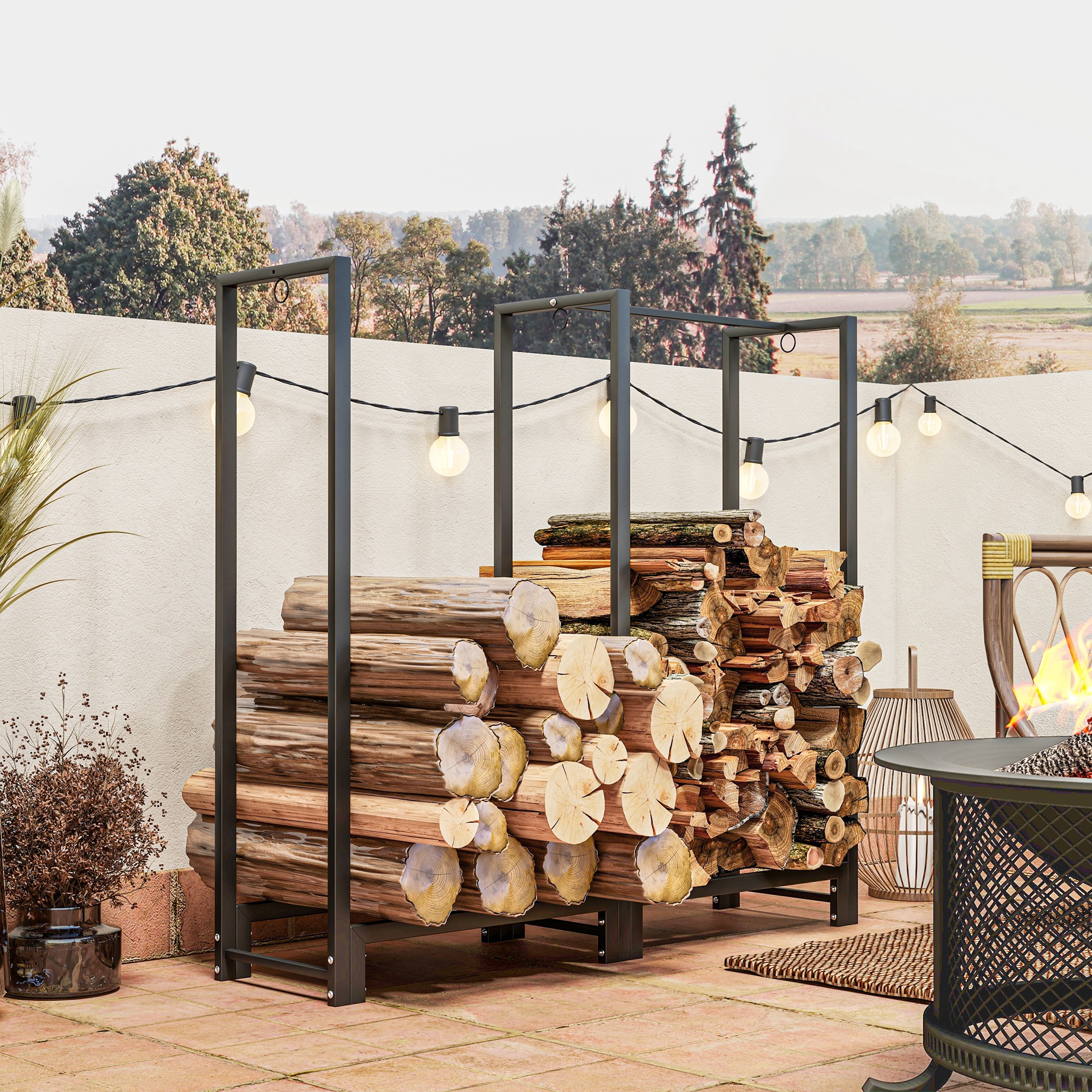 Outsunny 4ft Firewood Rack with Dual Space and Lock Rings, Steel Log ...