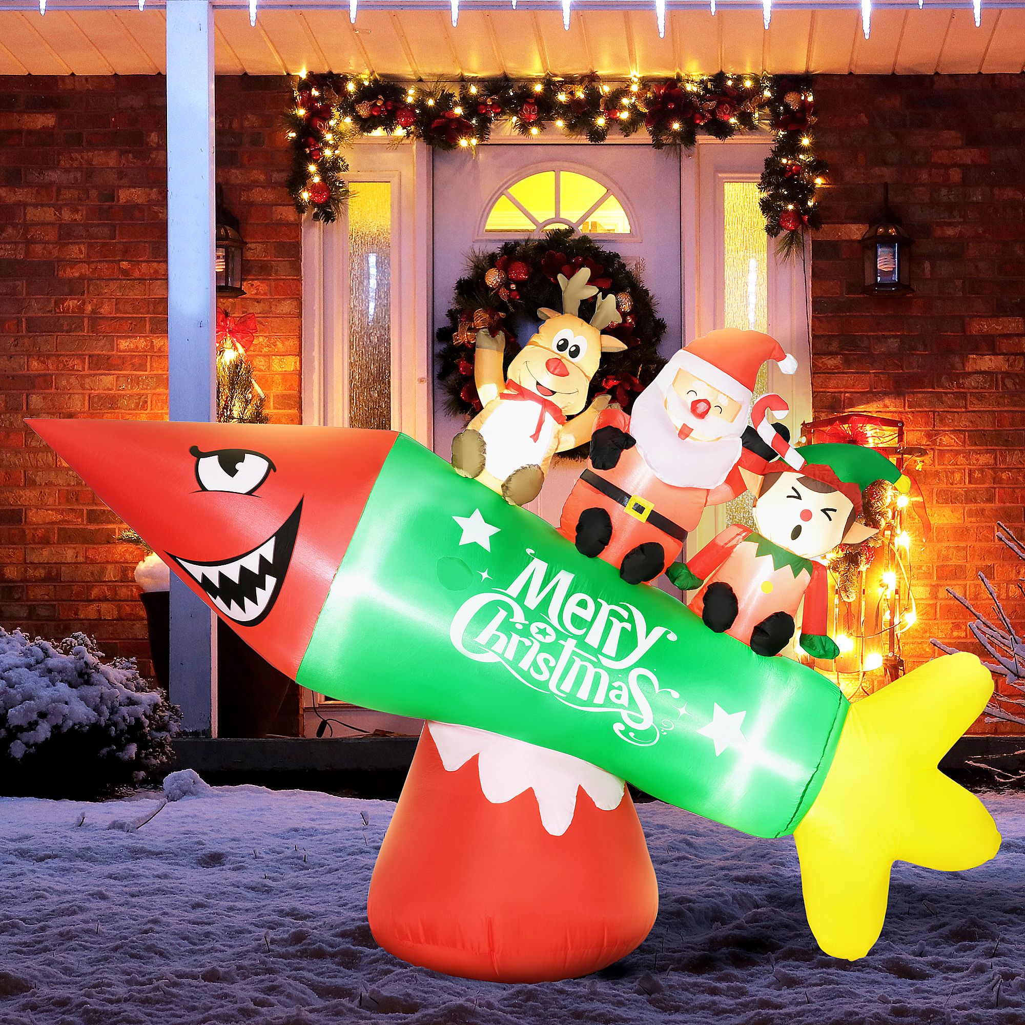 HOMCOM 9' Inflatable Christmas Rocket Carrying Santa Claus, Elf, and ...