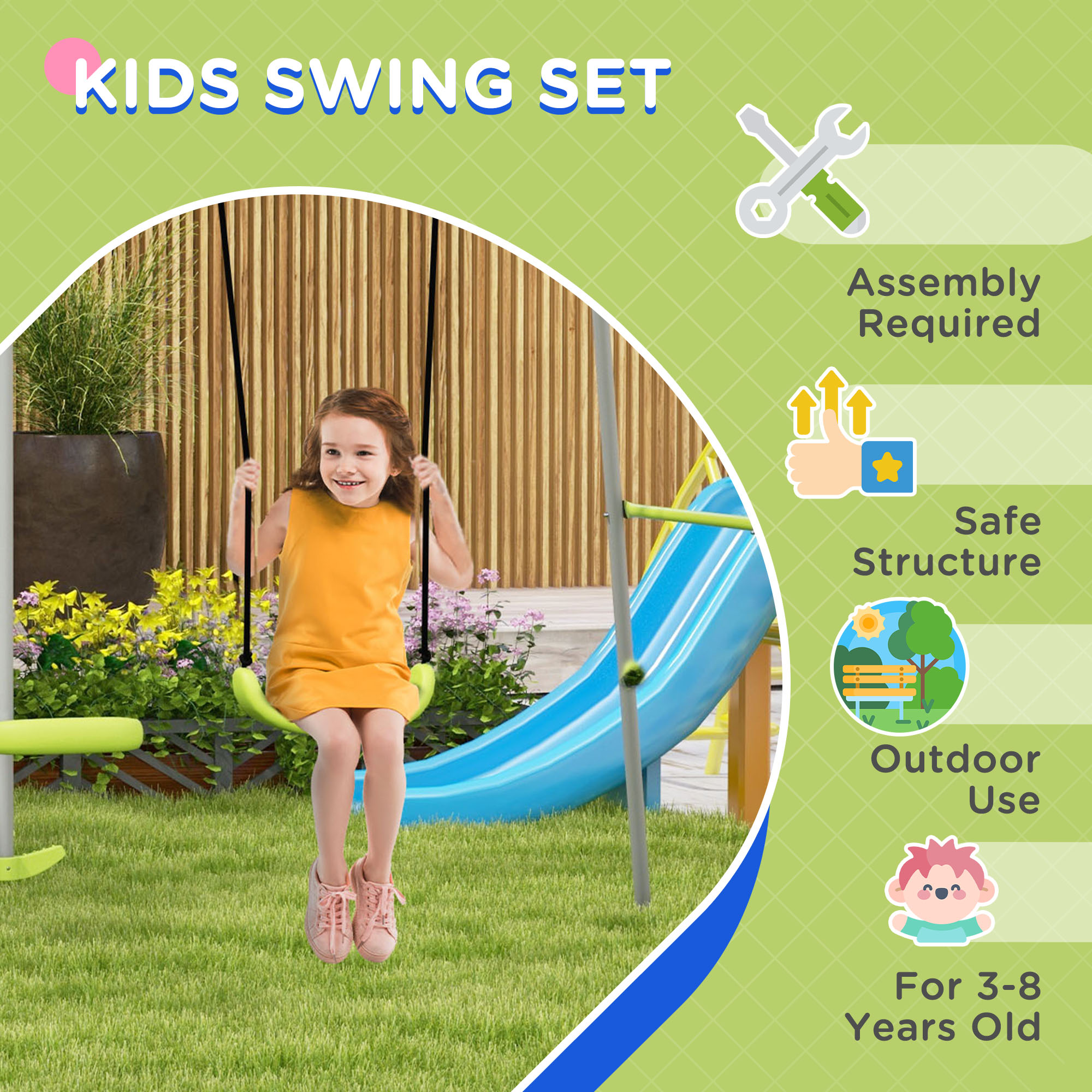 Outsunny Swing Set for Kids, Heavy Duty A-Frame Metal Swing Frame with ...