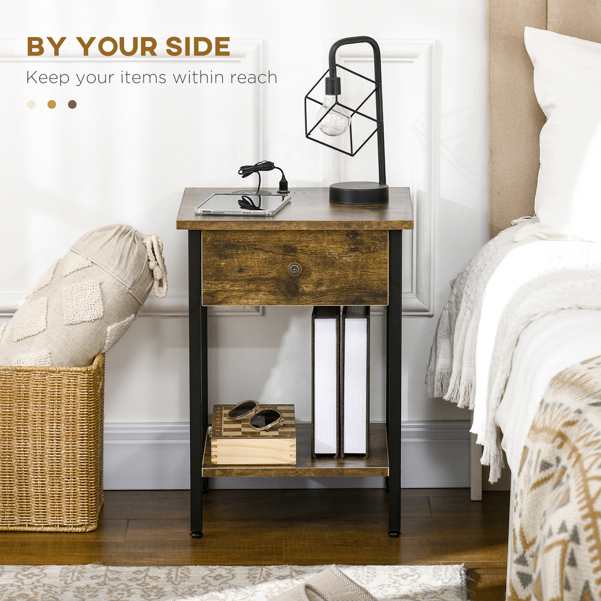 HOMCOM End Table with Wireless Charging Station, 2 USB Ports, Rustic ...
