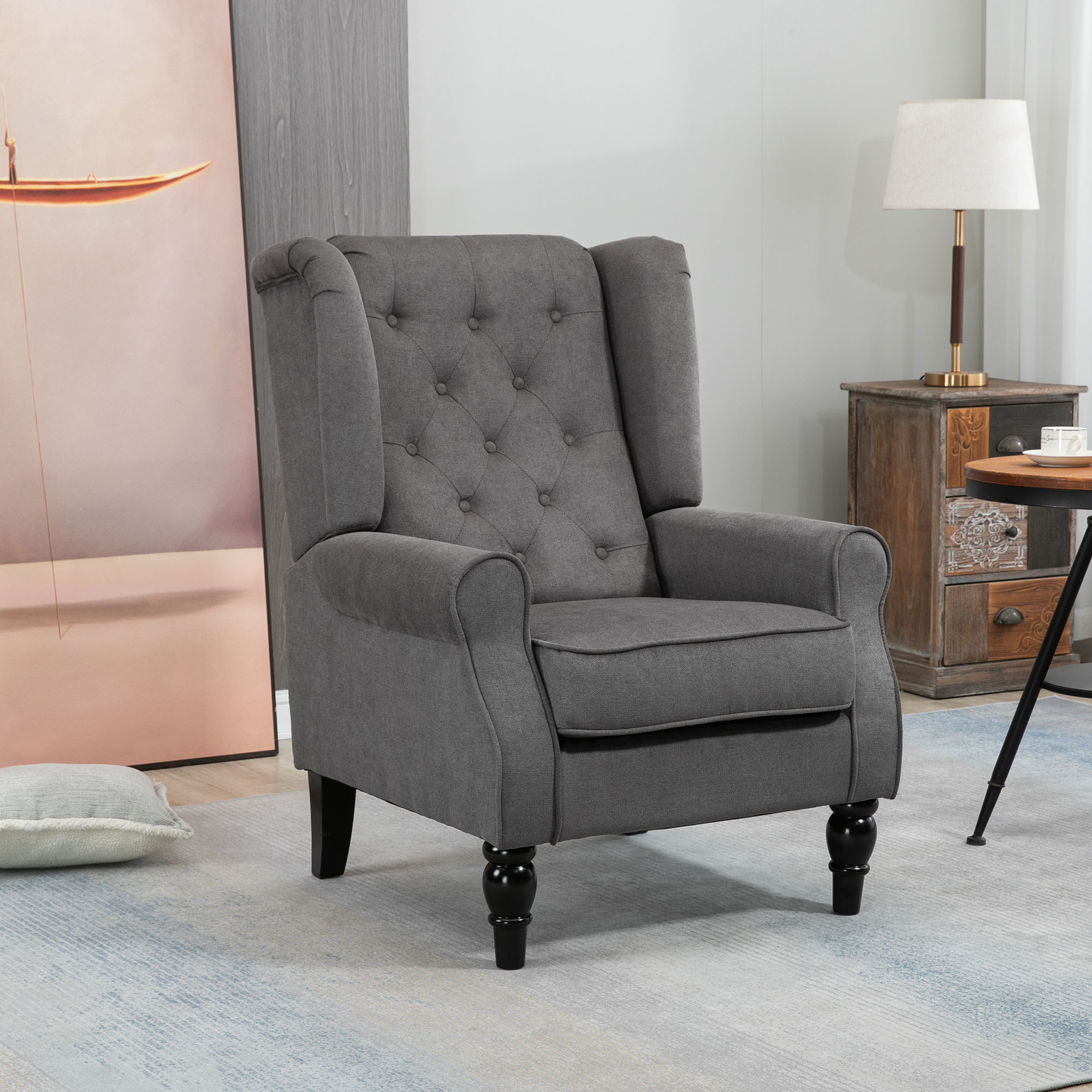 HOMCOM Fabric Accent Chair, Button Tufted Armchair, Armchair with Wood ...