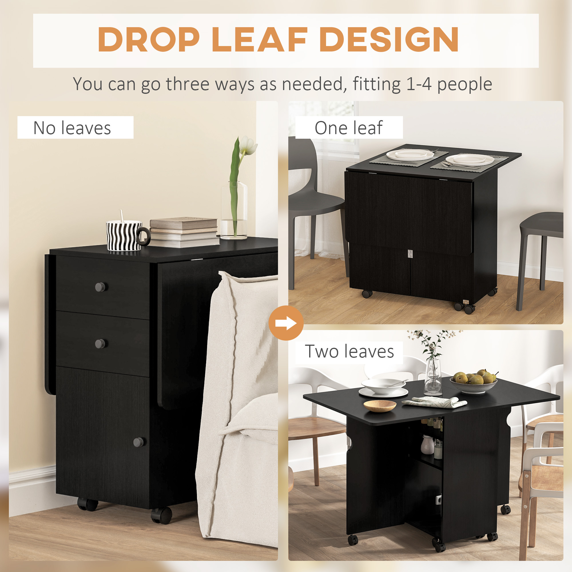 HOMCOM Extendable Dining Table, Drop Leaf Table with 2 Drawers, Cabinet ...