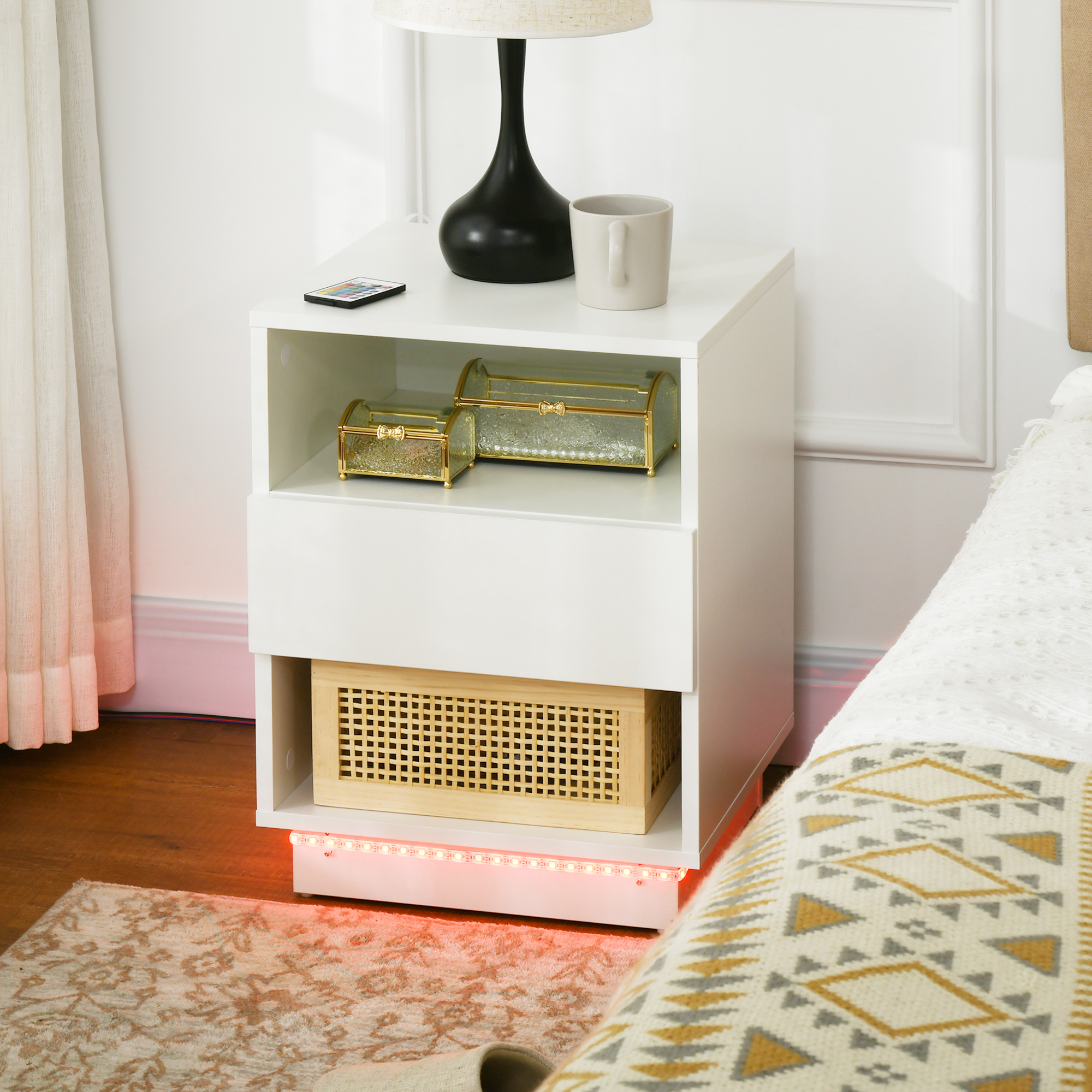 HOMCOM LED Nightstand, Bedside Table with LED Lights, High Gloss Drawer ...