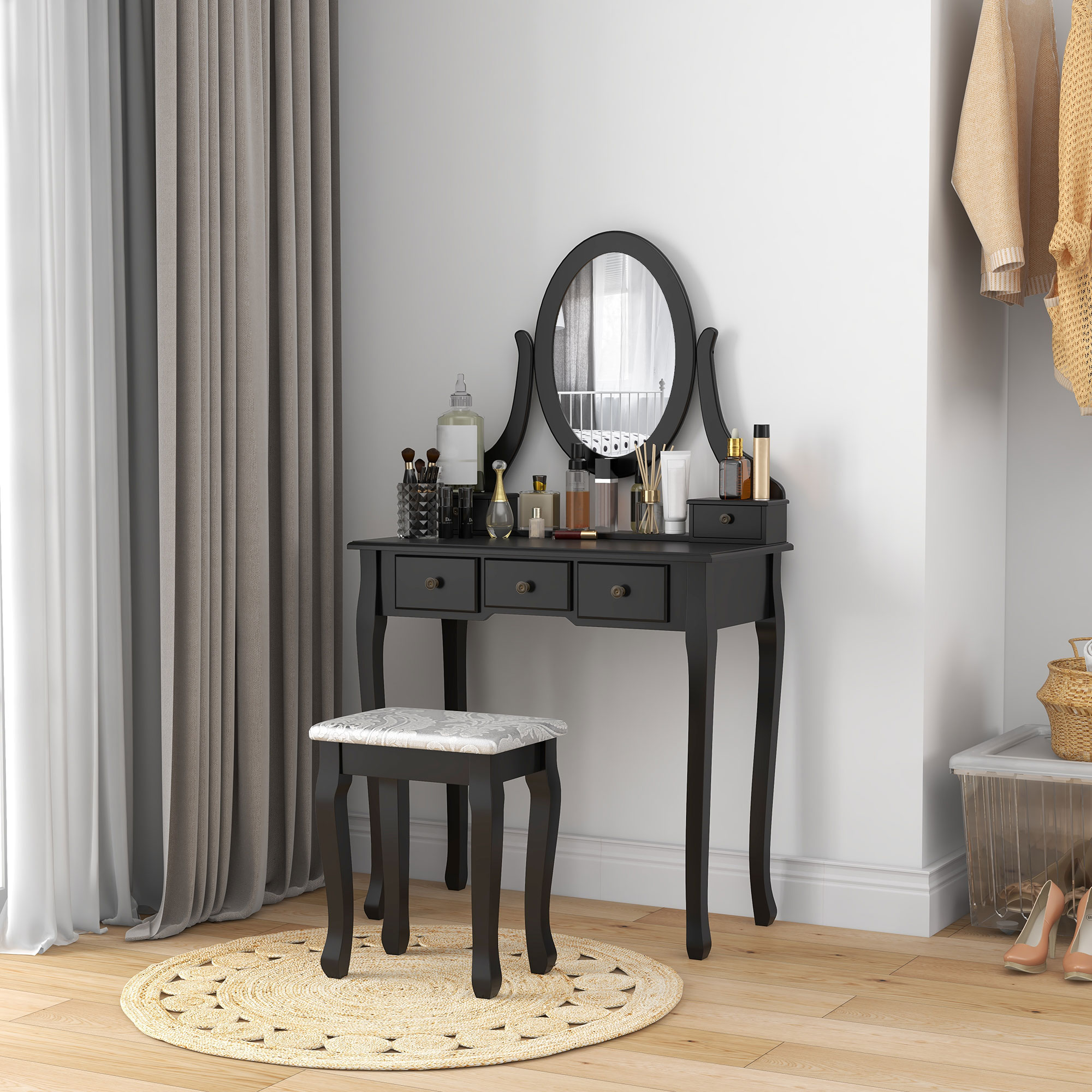 HOMCOM Vanity Dressing Table Set Contemporary Wooden Makeup Desk with Mirror Stool 5 Drawers Black Aosom Canada