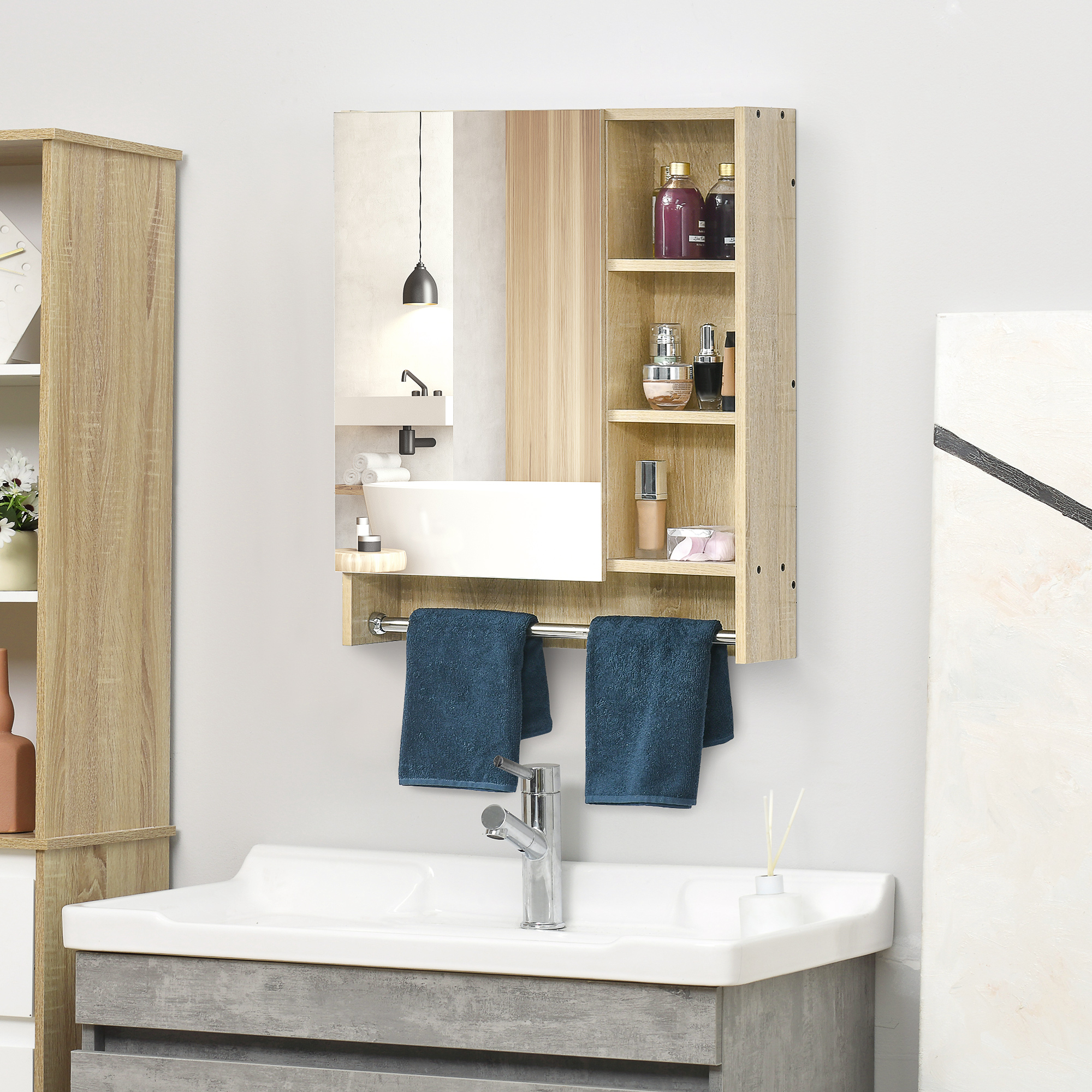 kleankin Bathroom Medicine Cabinet 23.5 x 27.5 Wall Mounted Bathroom Mirror Cabinet with 3 Storage Shelves Inside Adjustable Shelf and Towel