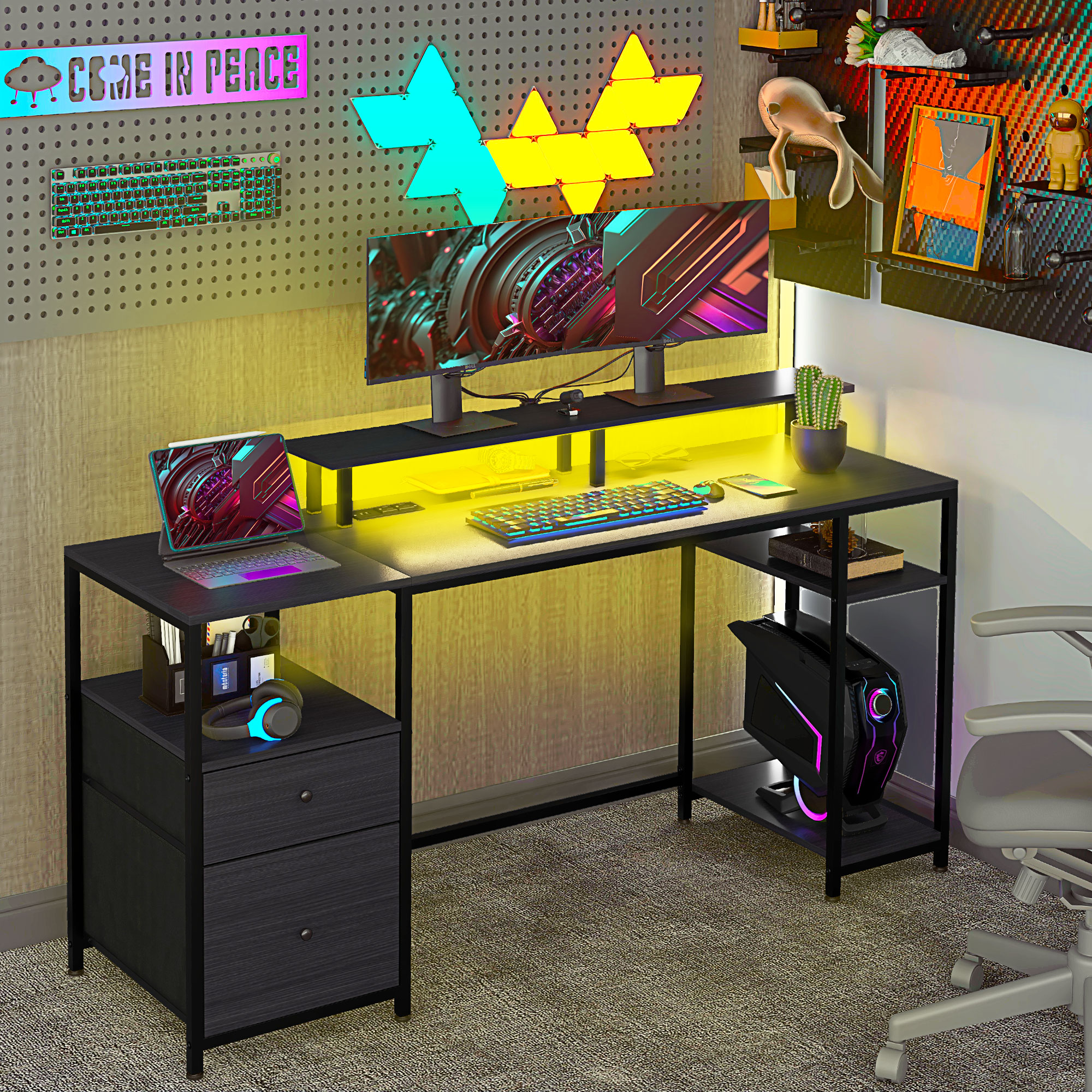 HOMCOM 61" Computer Table with LED Lights, PC Desk with Power Outlets ...