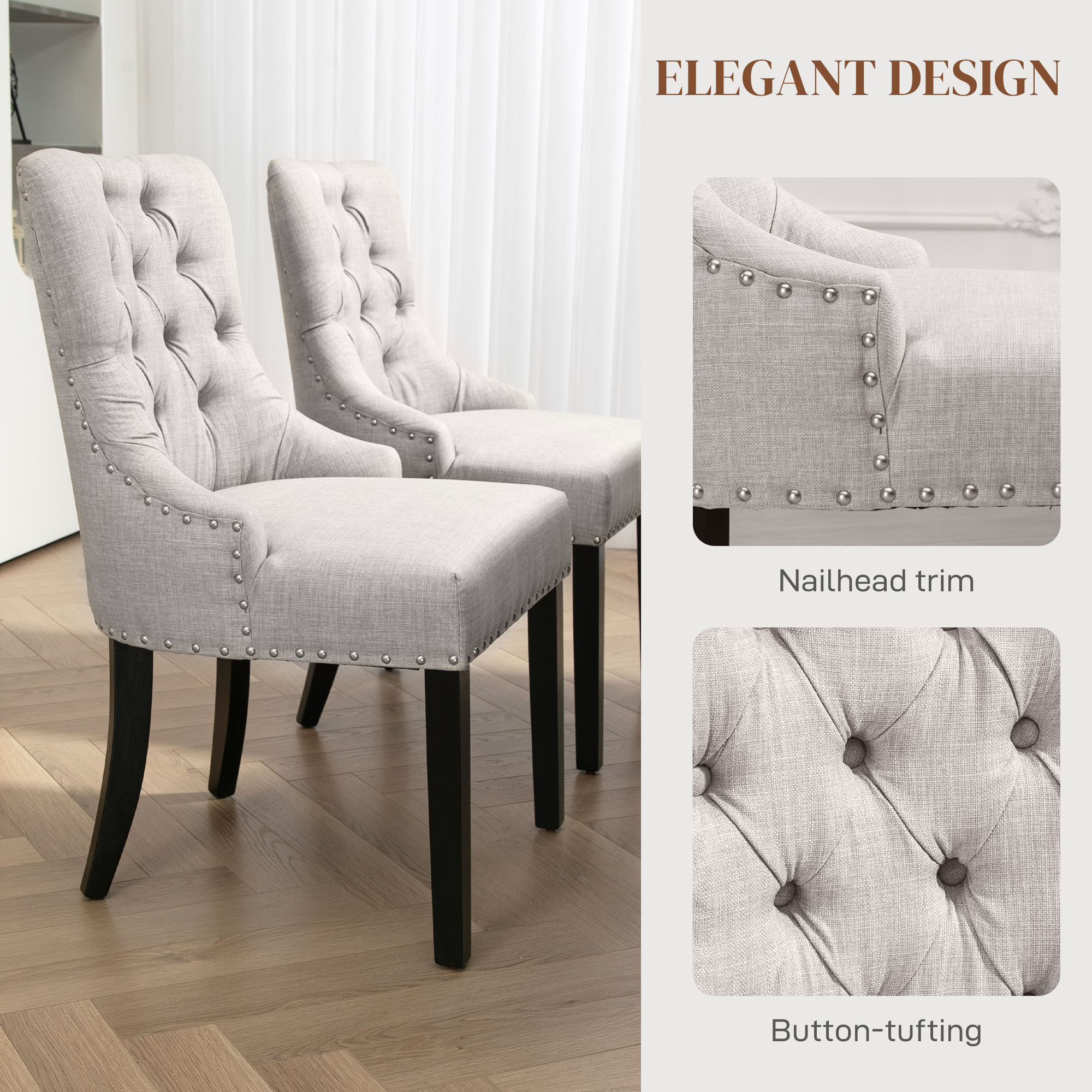 HOMCOM Swoop Air Linen Fabric Dining Chair Set of 2 with Nailhead Trim ...
