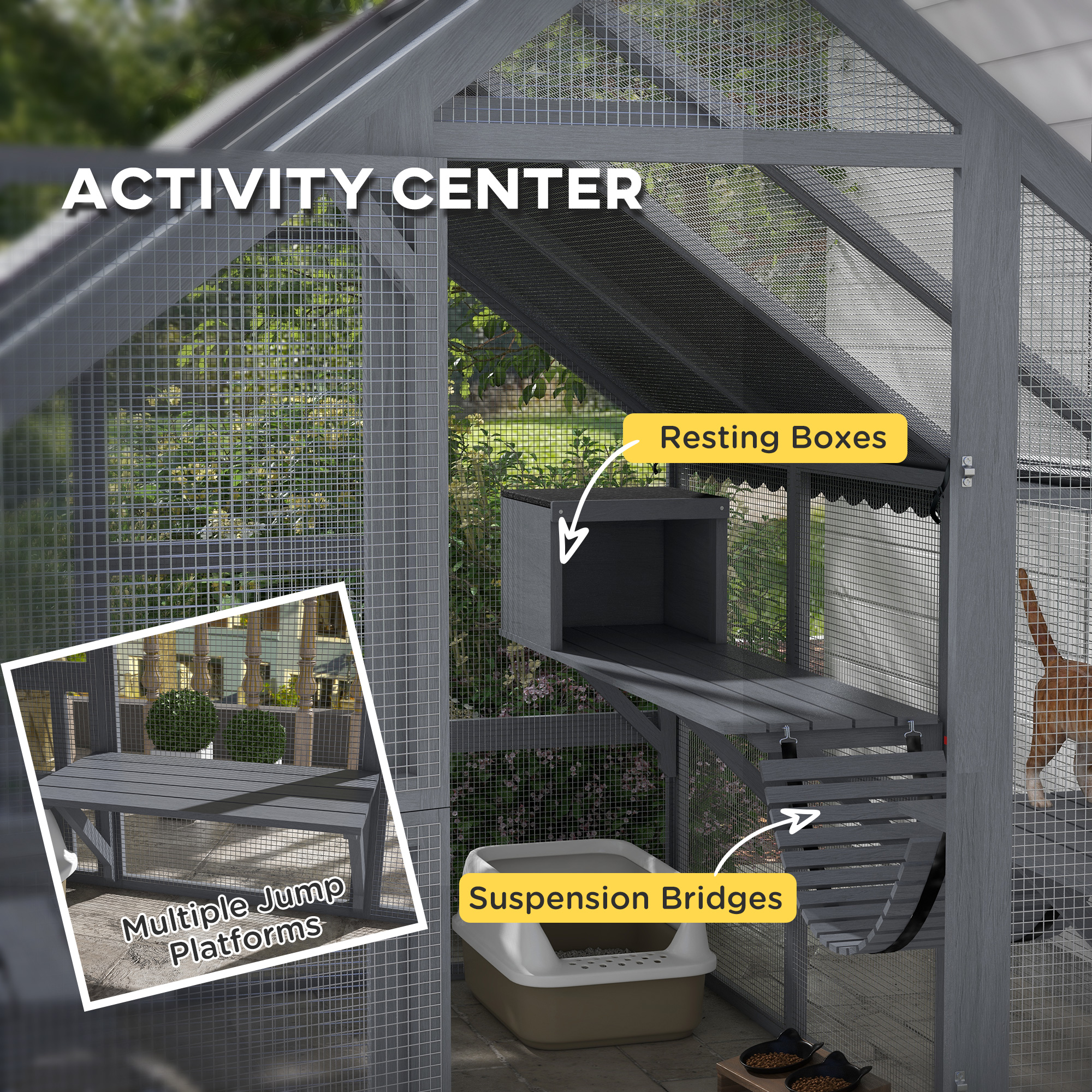 PawHut Outdoor Cat Enclosure with Condos, Canopy, Suspension Bridges ...
