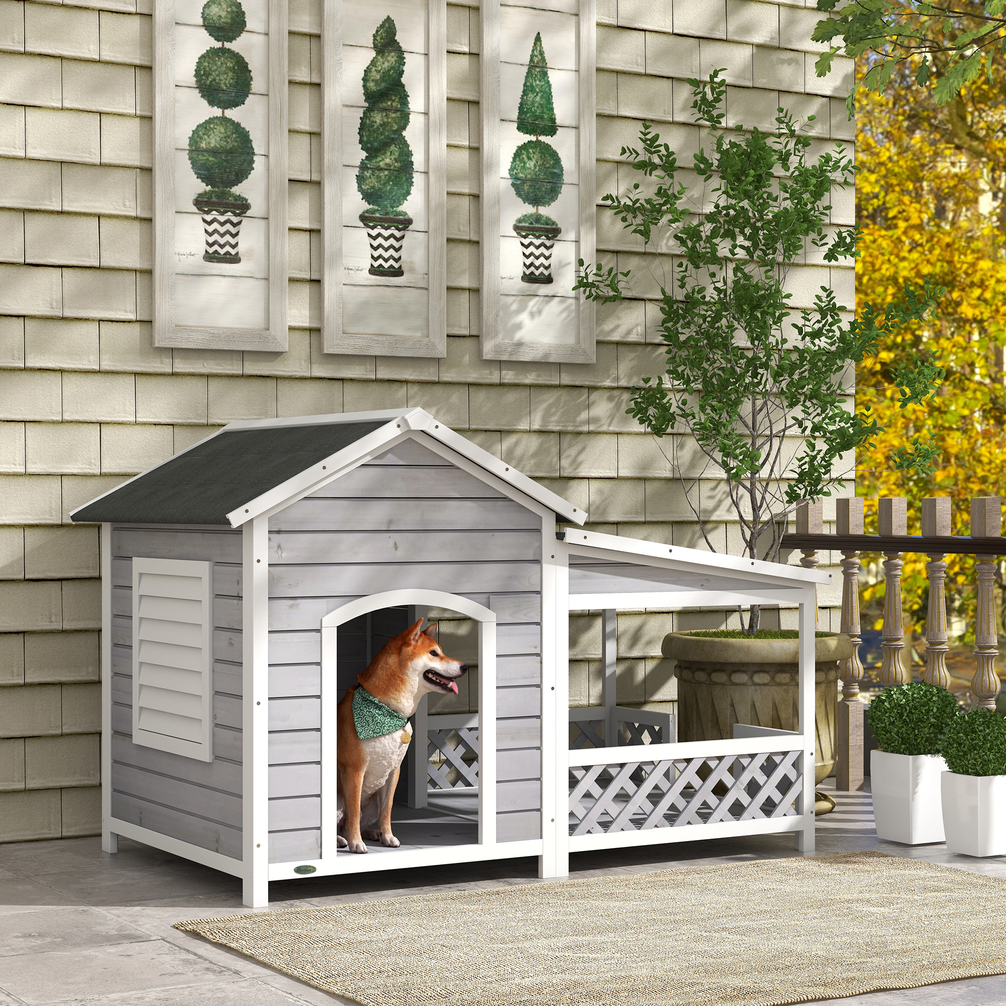 PawHut Wooden Dog House Outdoor with Porch, Cabin Style Raised Dog ...