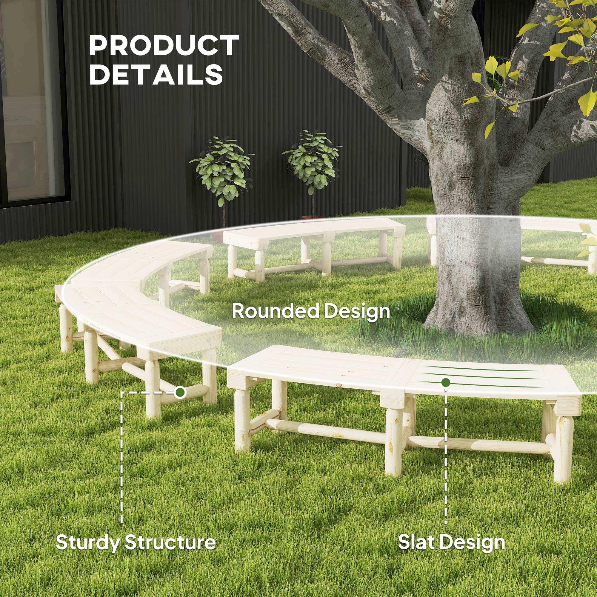 Outsunny Wooden Garden Bench, Semicircular Round Outdoor Tree Bench ...