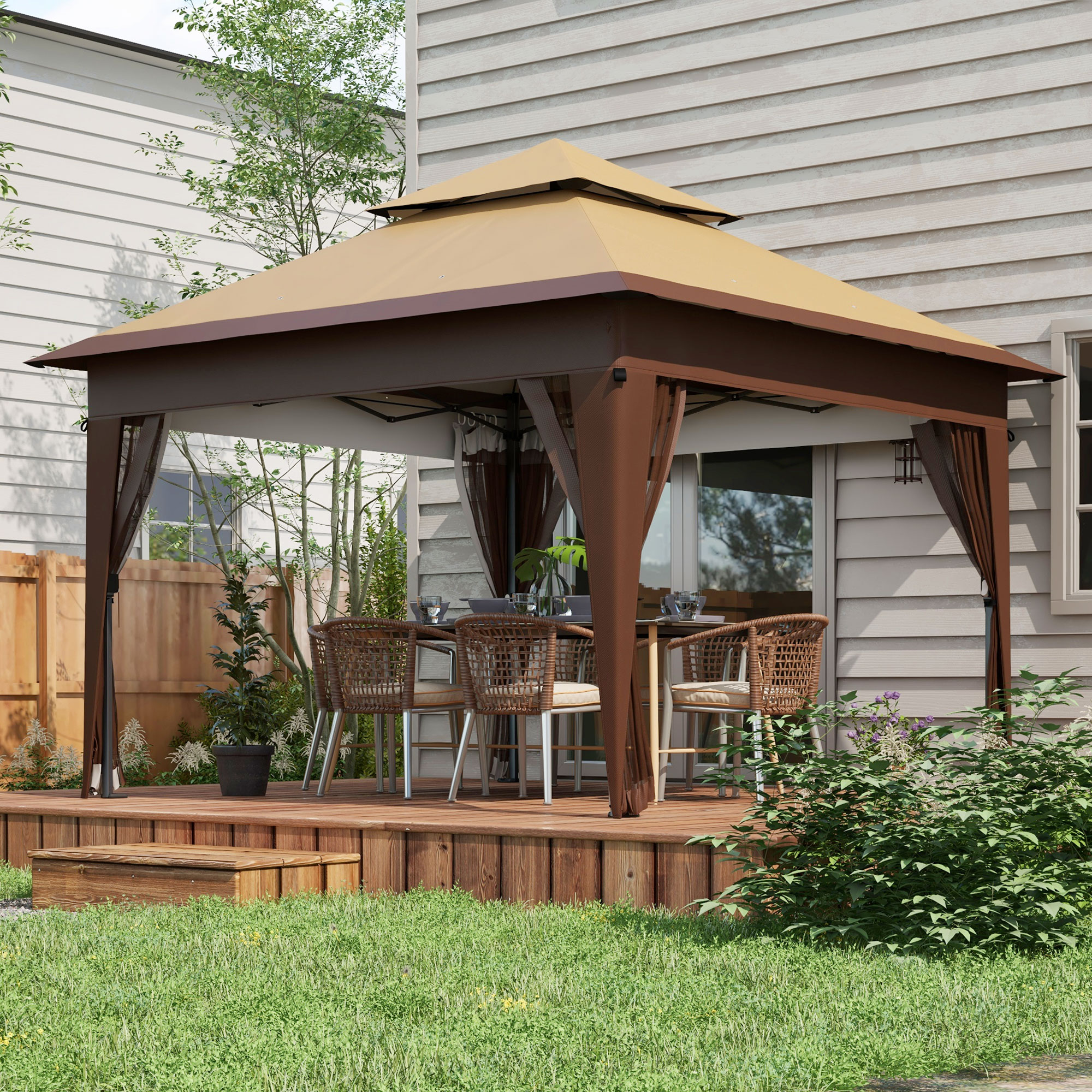 Outsunny 11x11FT Pop Up Canopy with 1-Button Push, Mosquito Netting ...