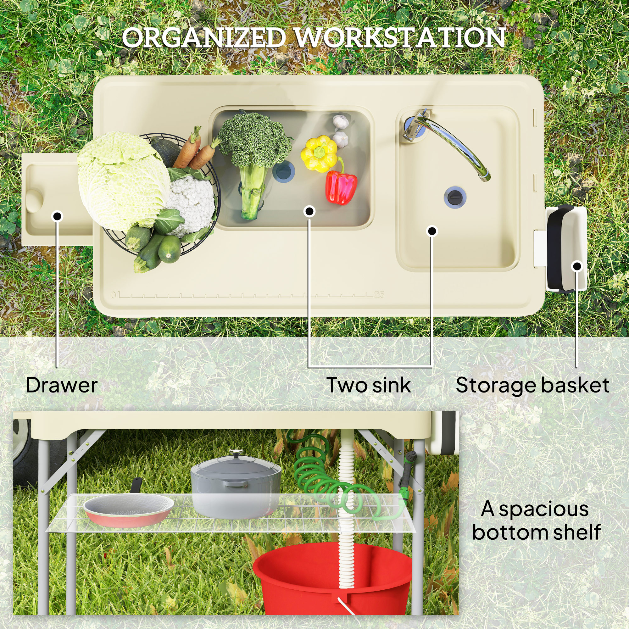 Outsunny Folding Fish Cleaning Table with Sinks, Portable Camping Sink ...