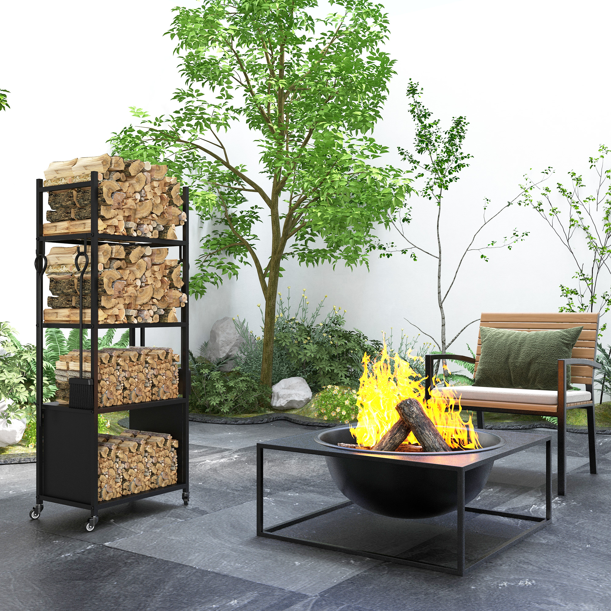 Outsunny 4-Tier Outdoor Indoor Firewood Rack with Wheels and 4 Tools ...