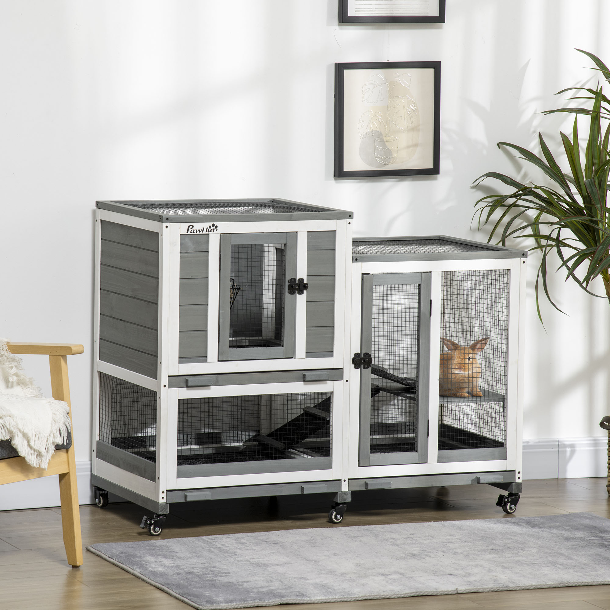 PawHut Two Story Rabbit Hutch Indoor Wood Rabbit House Bunny Hutch with ...