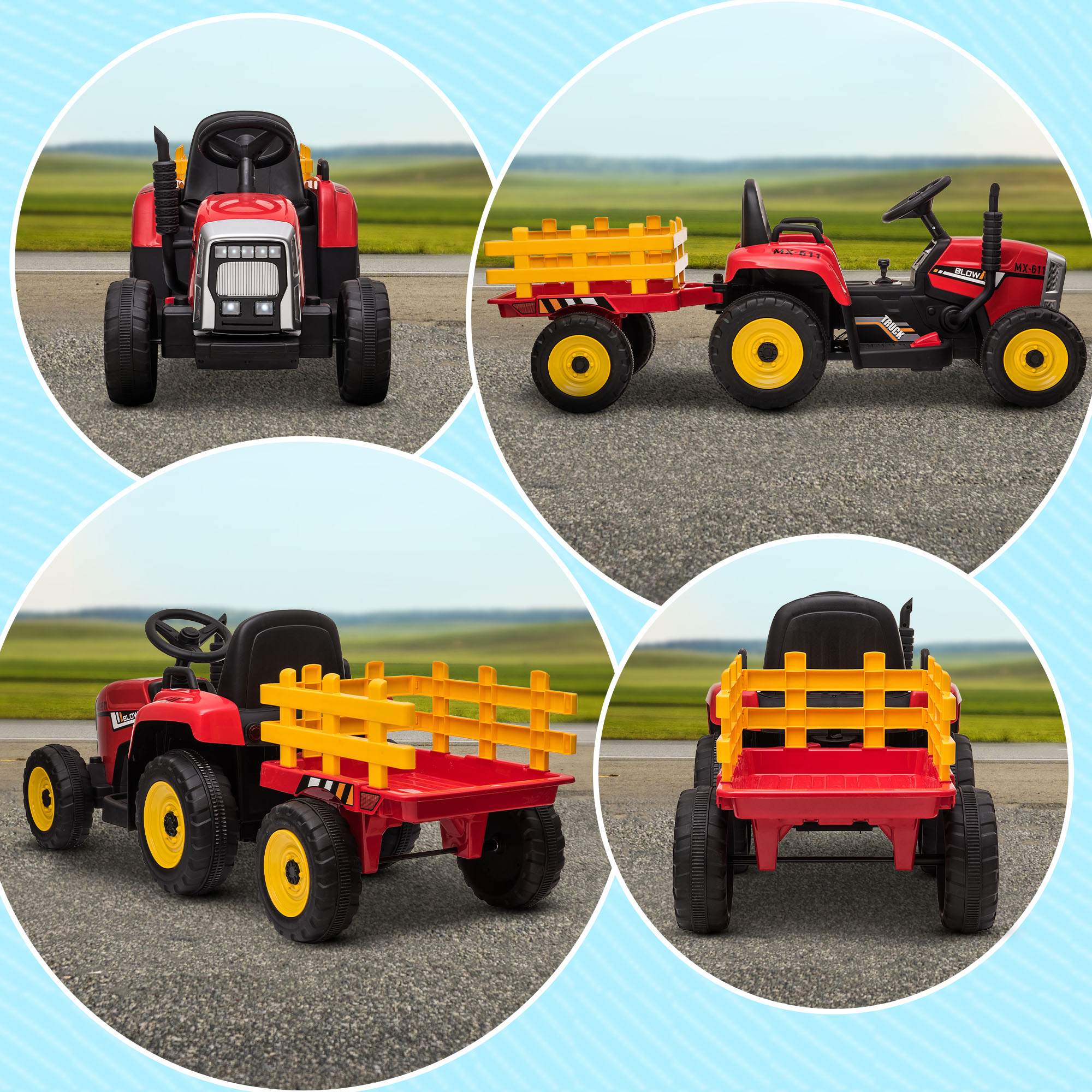 Aosom 12V Electric Ride on Tractor with Trailer, 25W Dual Motors, Red ...