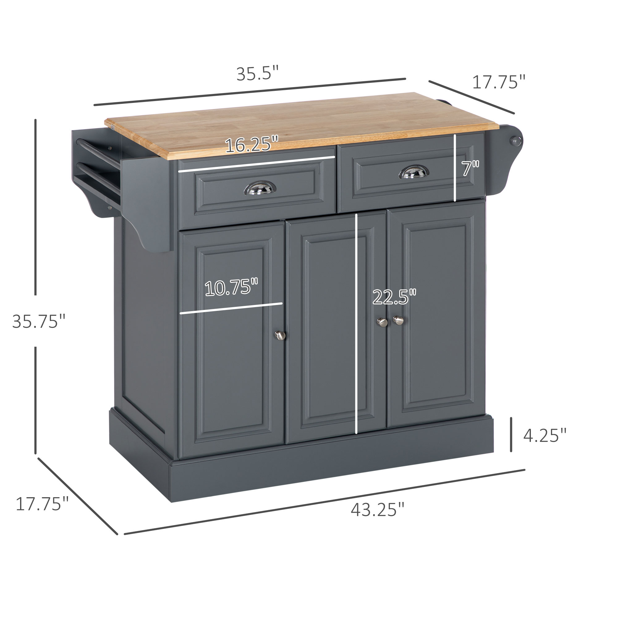 HOMCOM Triple-Cabinet Kitchen Island on Wheels, Kitchen Storage Cabinet ...