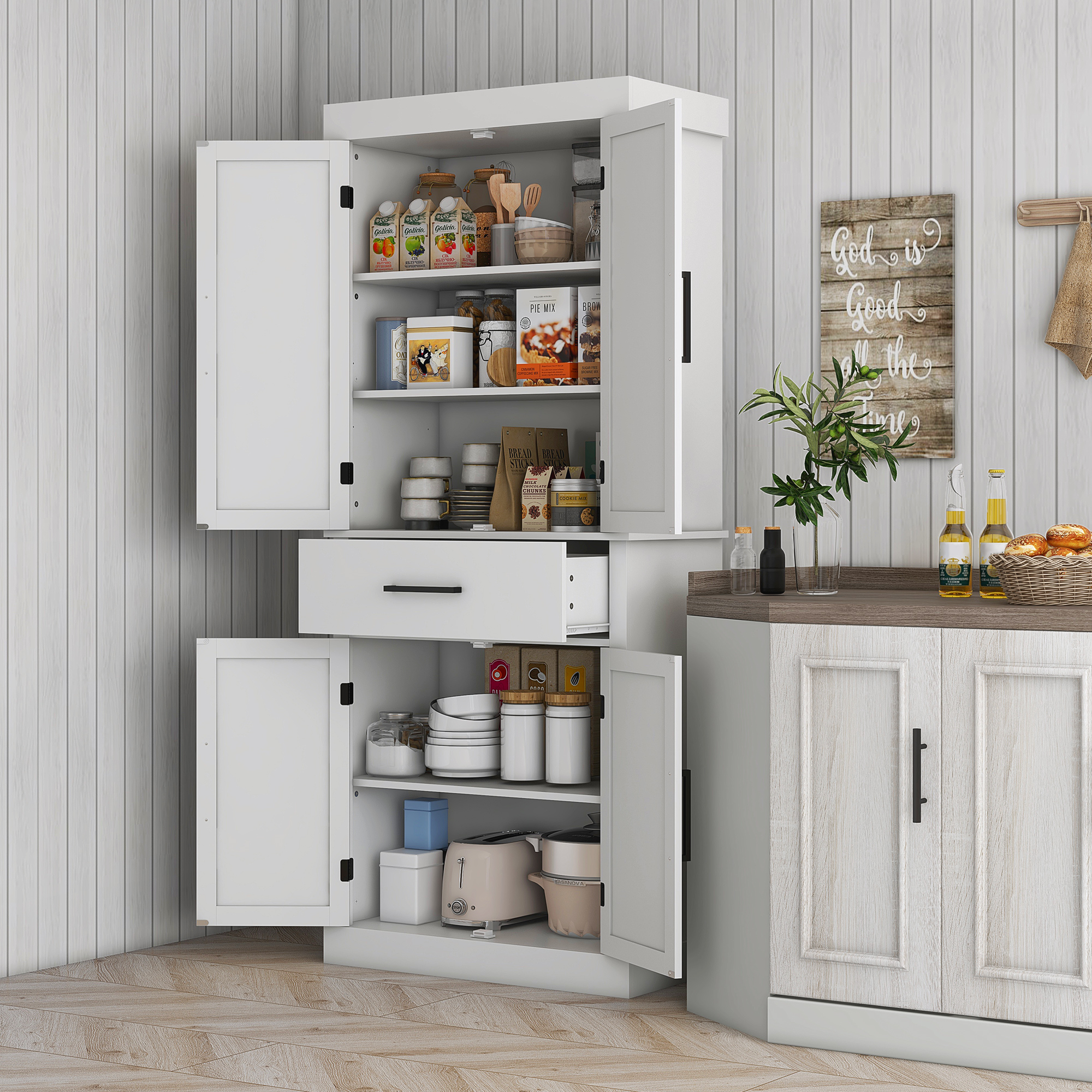 HOMCOM 72" Kitchen Storage Cabinet, Farmhouse Kitchen Pantry Cabinet ...