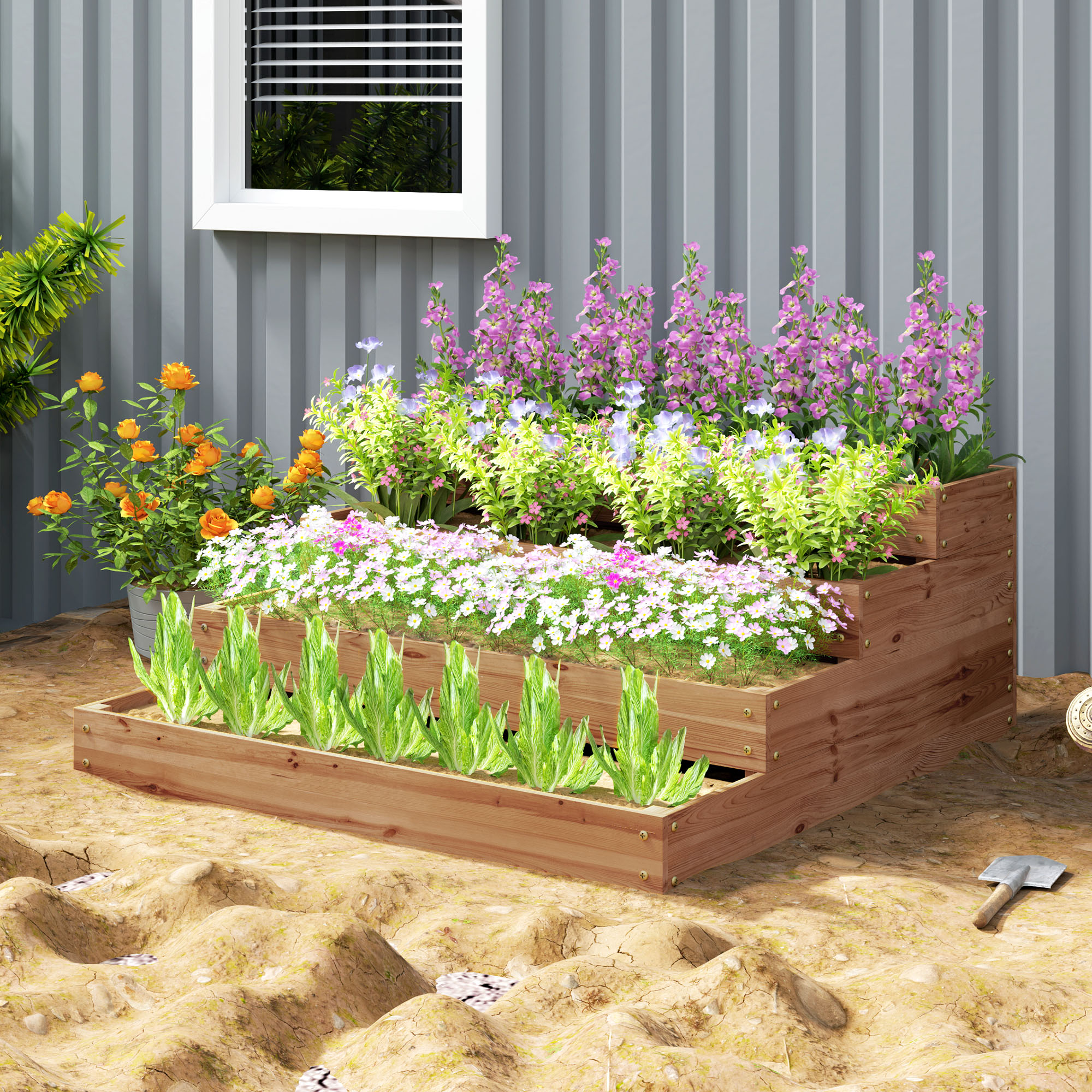 Outsunny 4-Tier Raised Garden Bed, Vertical Wooden Elevated Planter Box ...