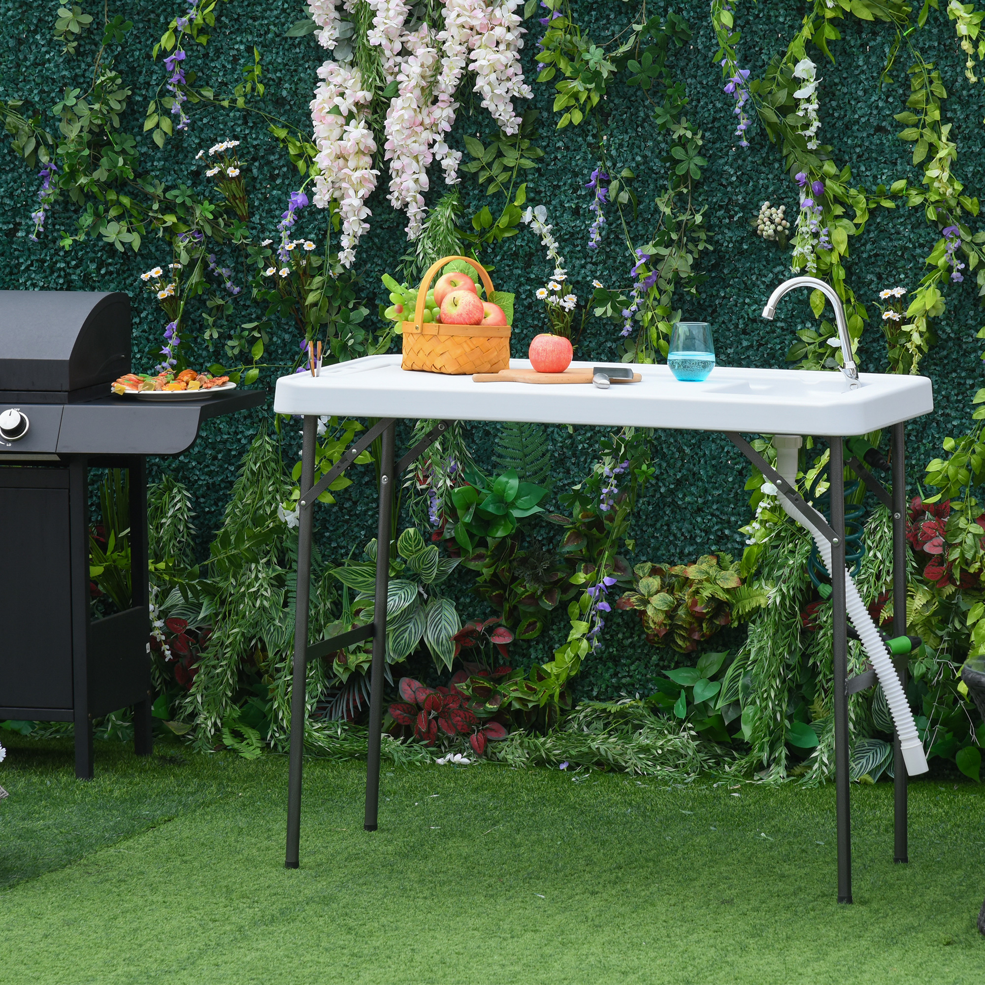 Outsunny Outdoor Folding Table with Sink and Faucet Organized Fishing ...