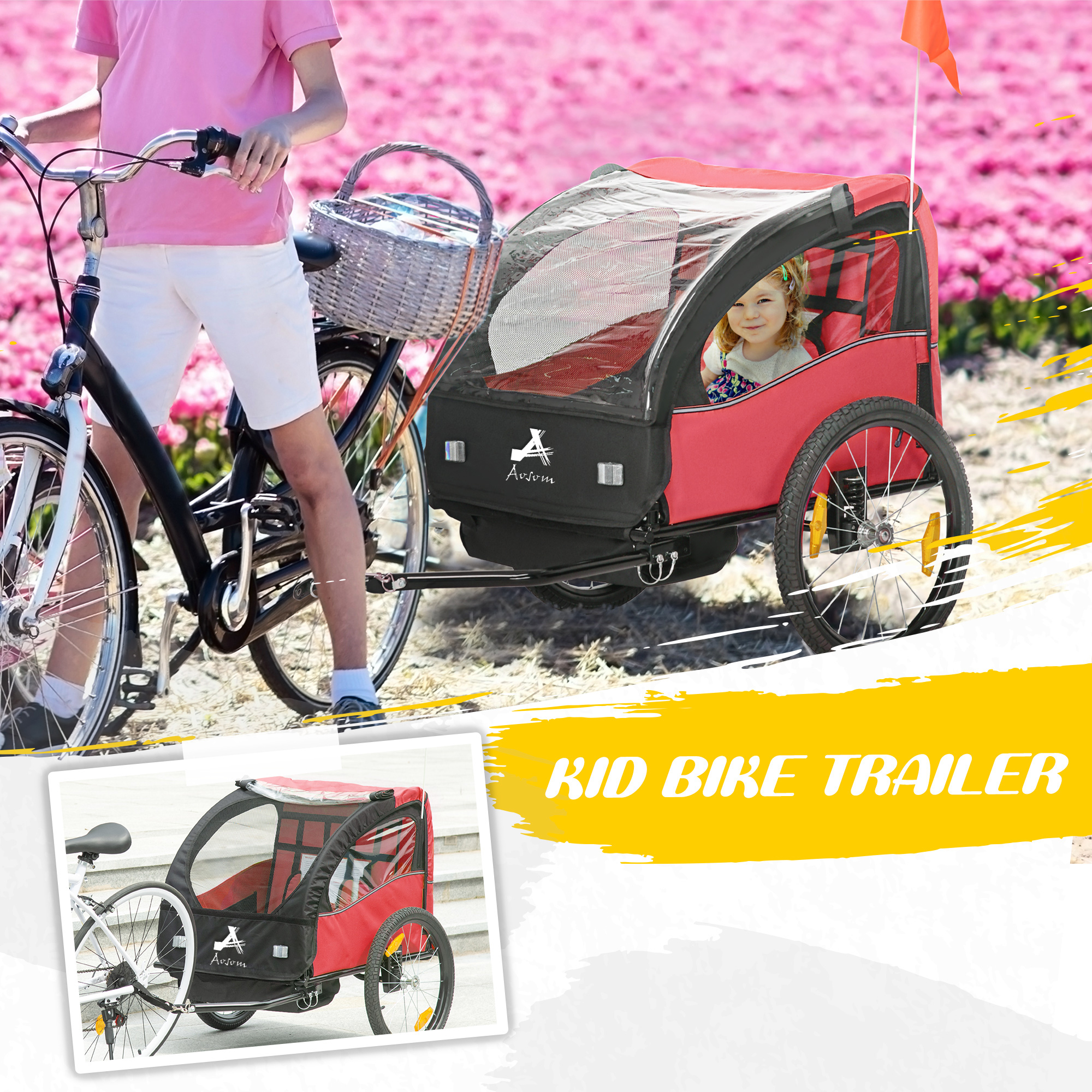 Aosom 2 Seat Bike Trailer for Kids, Baby Stroller with Storage Bag, 5 ...