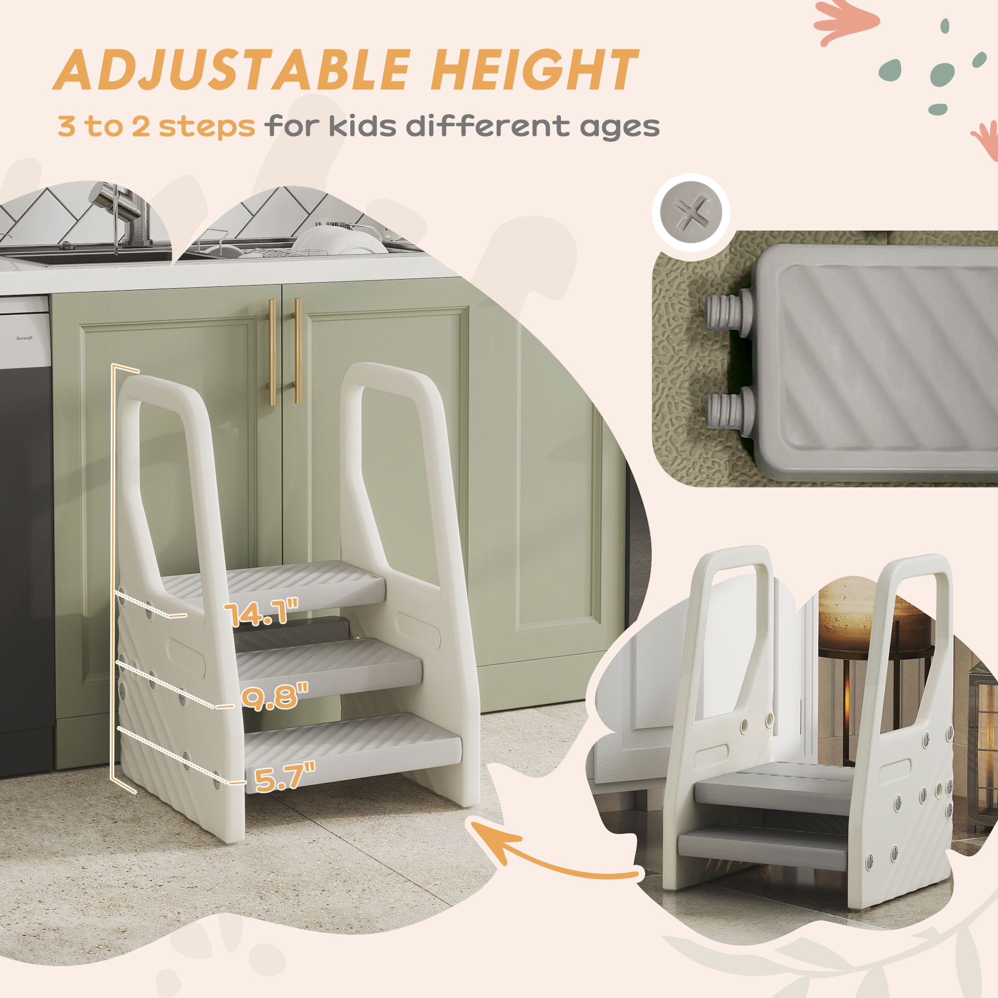 Qaba Adjustable 3 Step Toddler Tower with Handles, Non-slip Surface ...