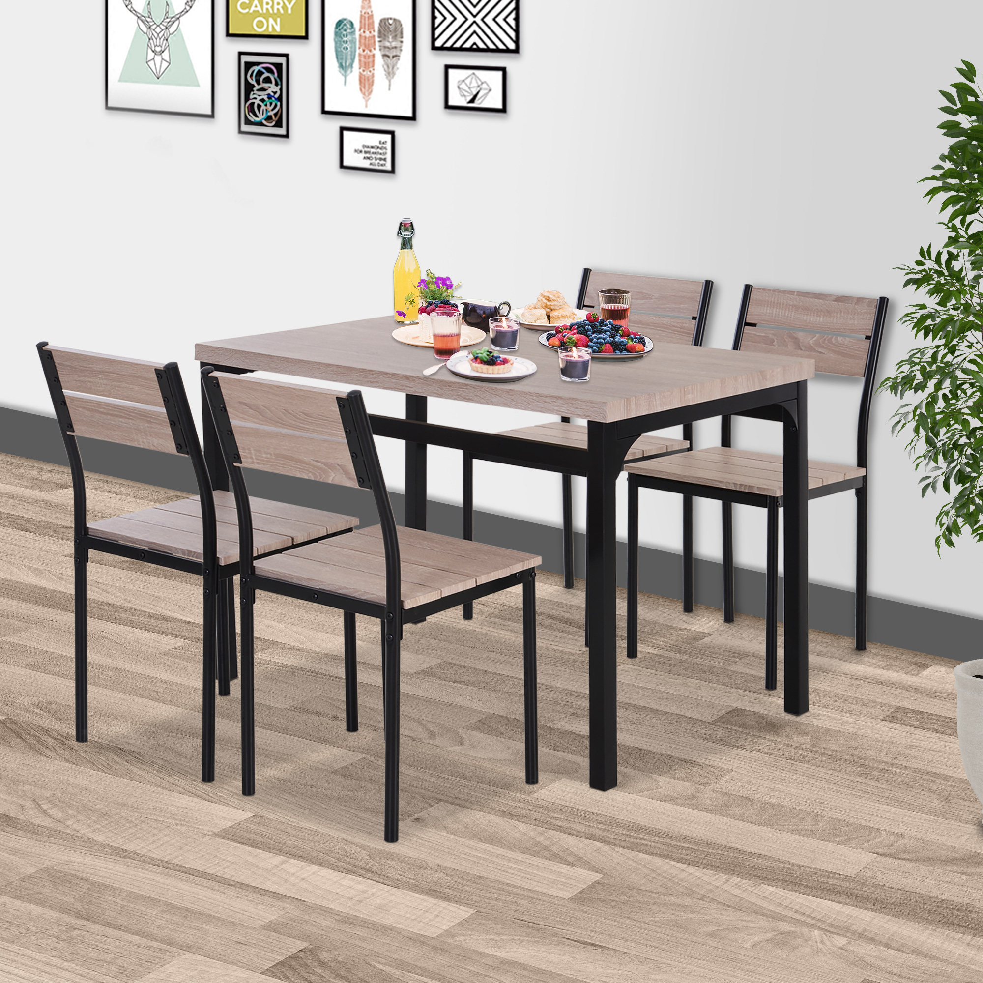 HOMCOM 5pcs Wooden Dining Set Industrial Style Wood and Metal Kitchen ...