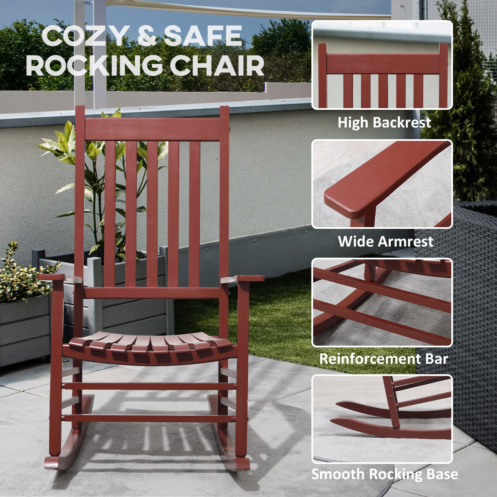 Outsunny Versatile Wooden Indoor / Outdoor High Back Slat Rocking Chair ...