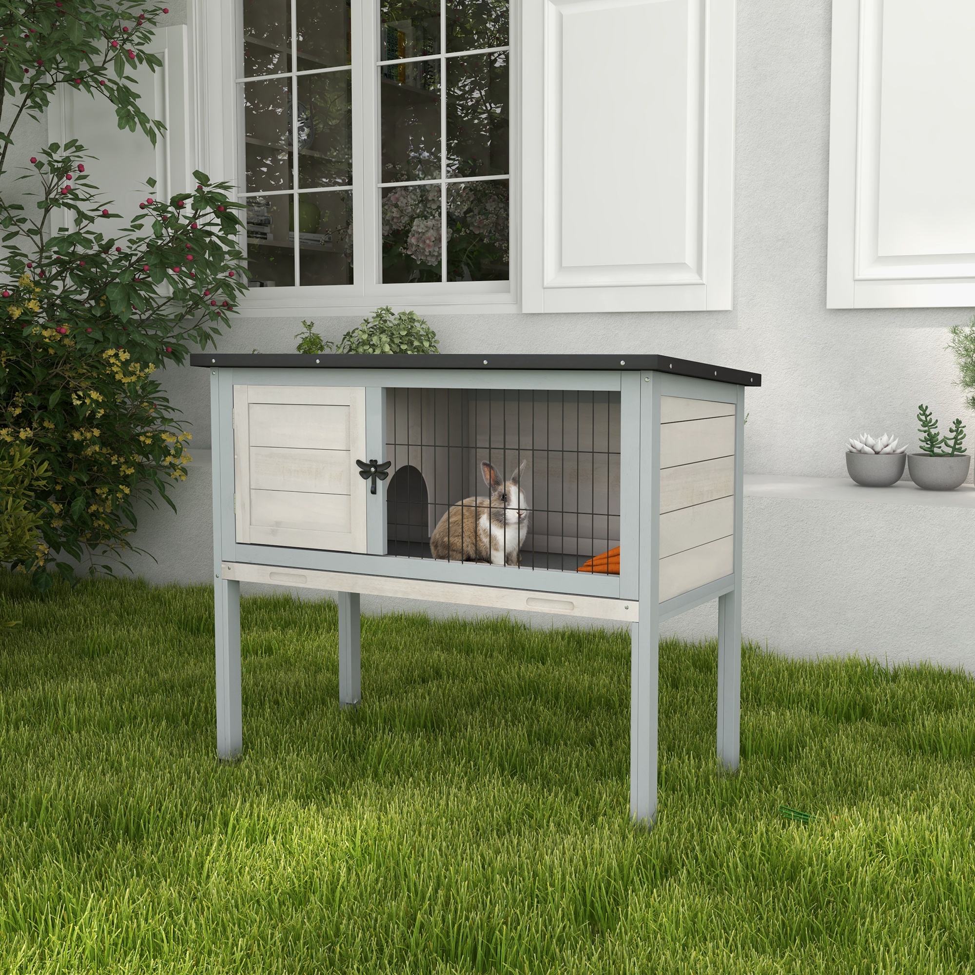 PawHut Elevated Wooden Rabbit Hutch, Indoor/Outdoor Bunny Cage with ...
