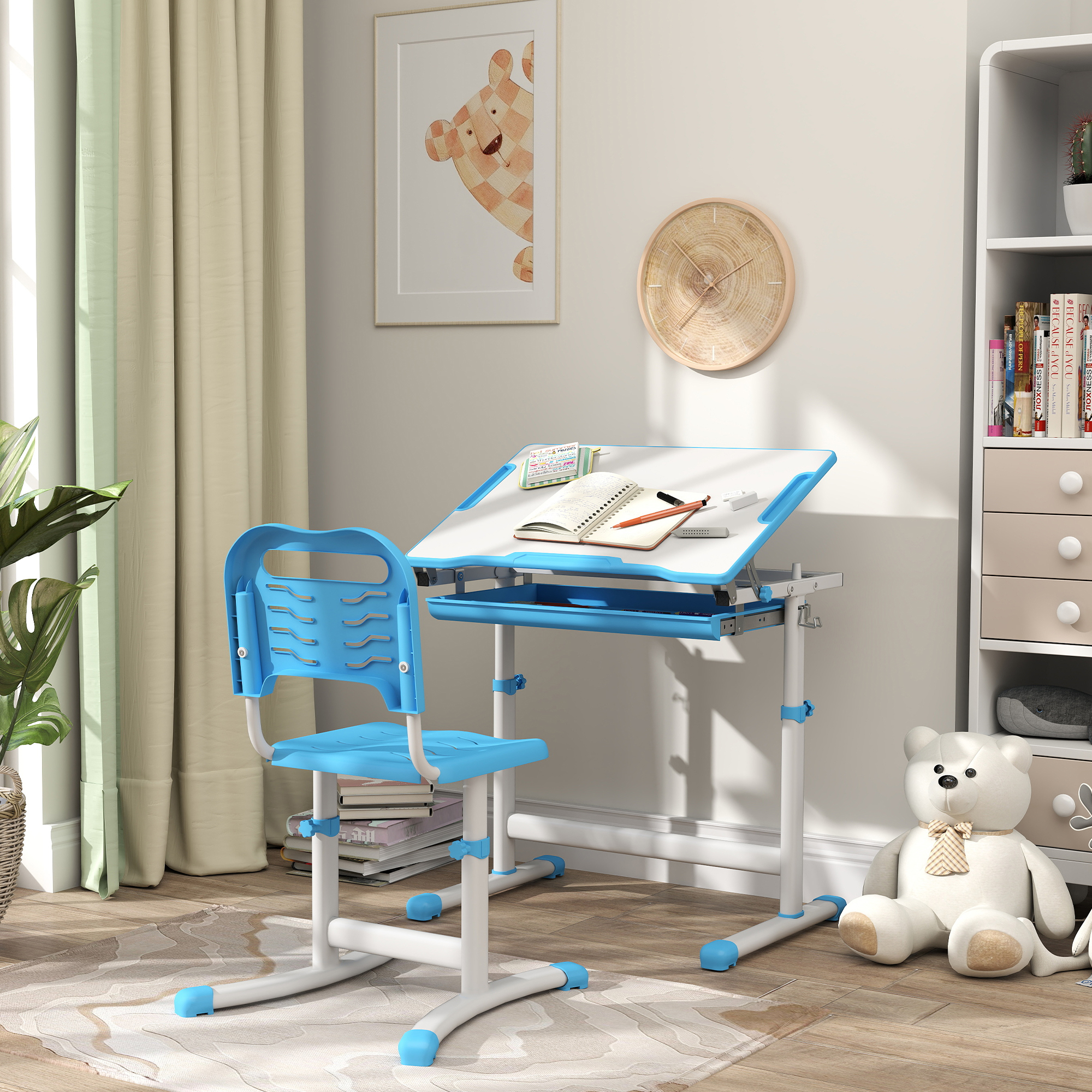 Qaba Height Adjustable Study Table and Chair Set with Drawer, Pen Slot ...