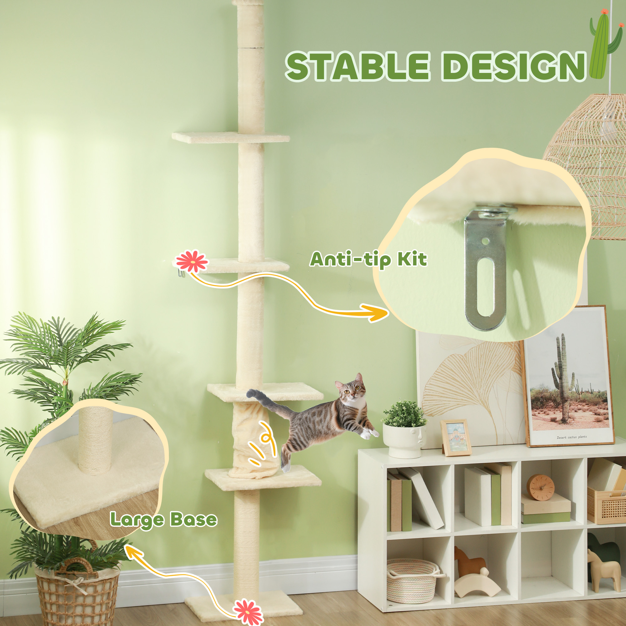 PawHut 89"-108" Floor to Ceiling Cat Tree with Scratching Post, Hand ...