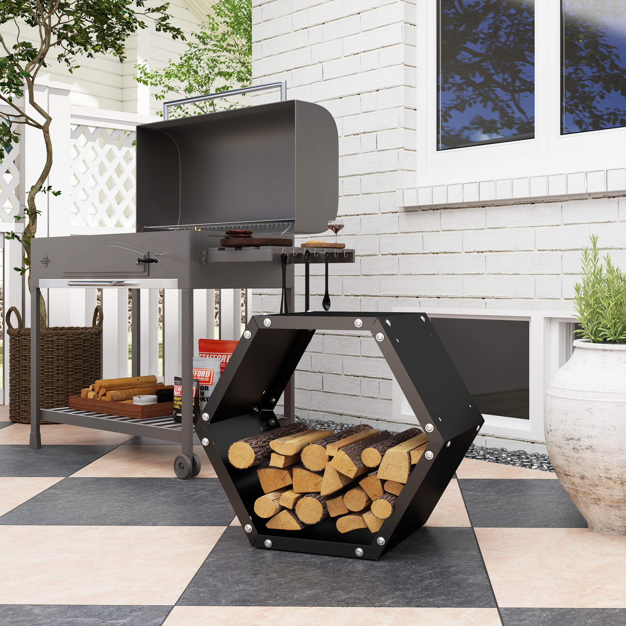 Outsunny Hexagon Firewood Log Rack Heavy-Duty Steel Log Holder for ...
