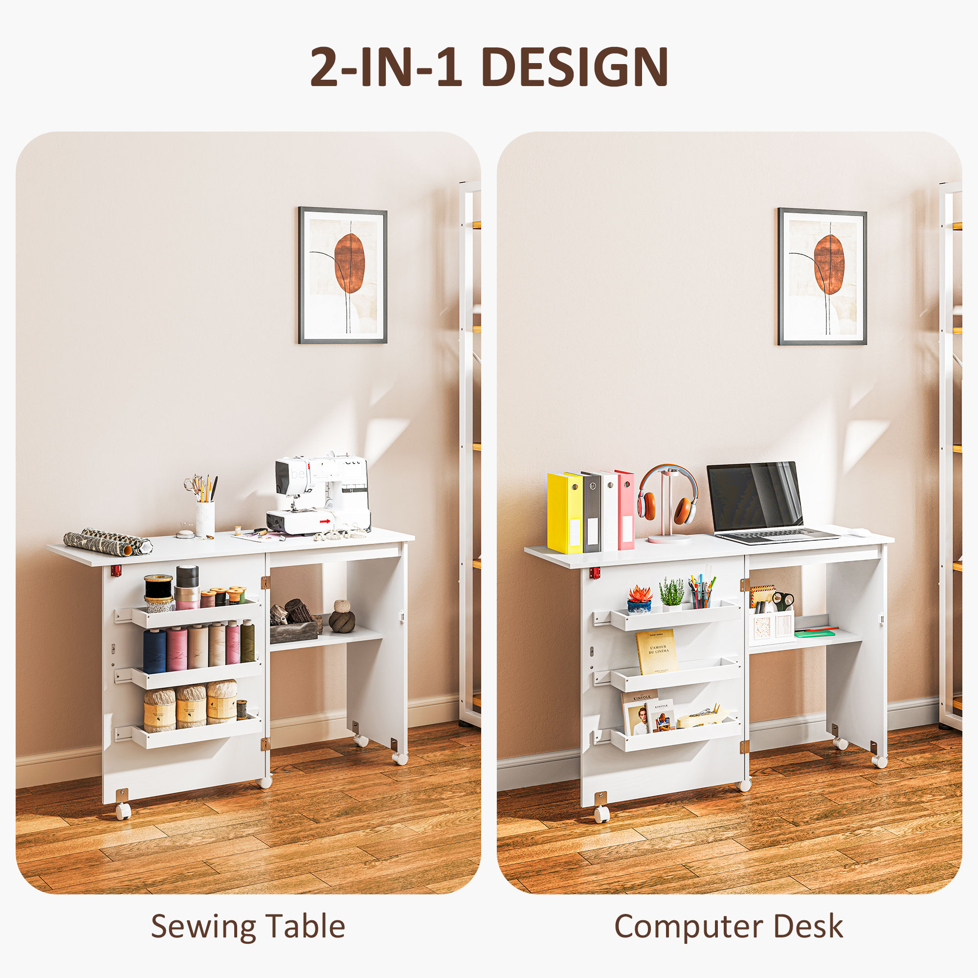HOMCOM Sewing Machine Cabinet, Folding Sewing Table with Storage Shelf ...