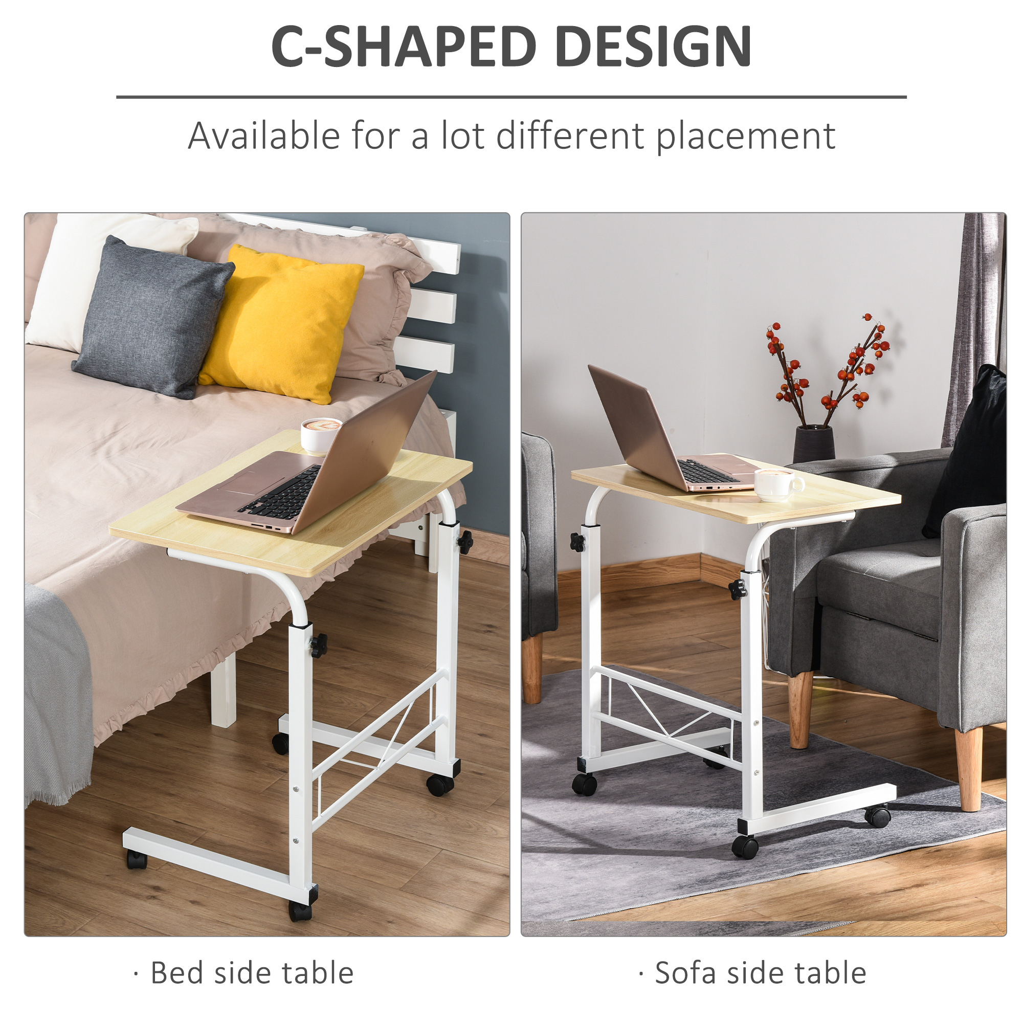HOMCOM C-Shaped Mobile Sofa Side Table Home Rolling Laptop Desk Cart ...