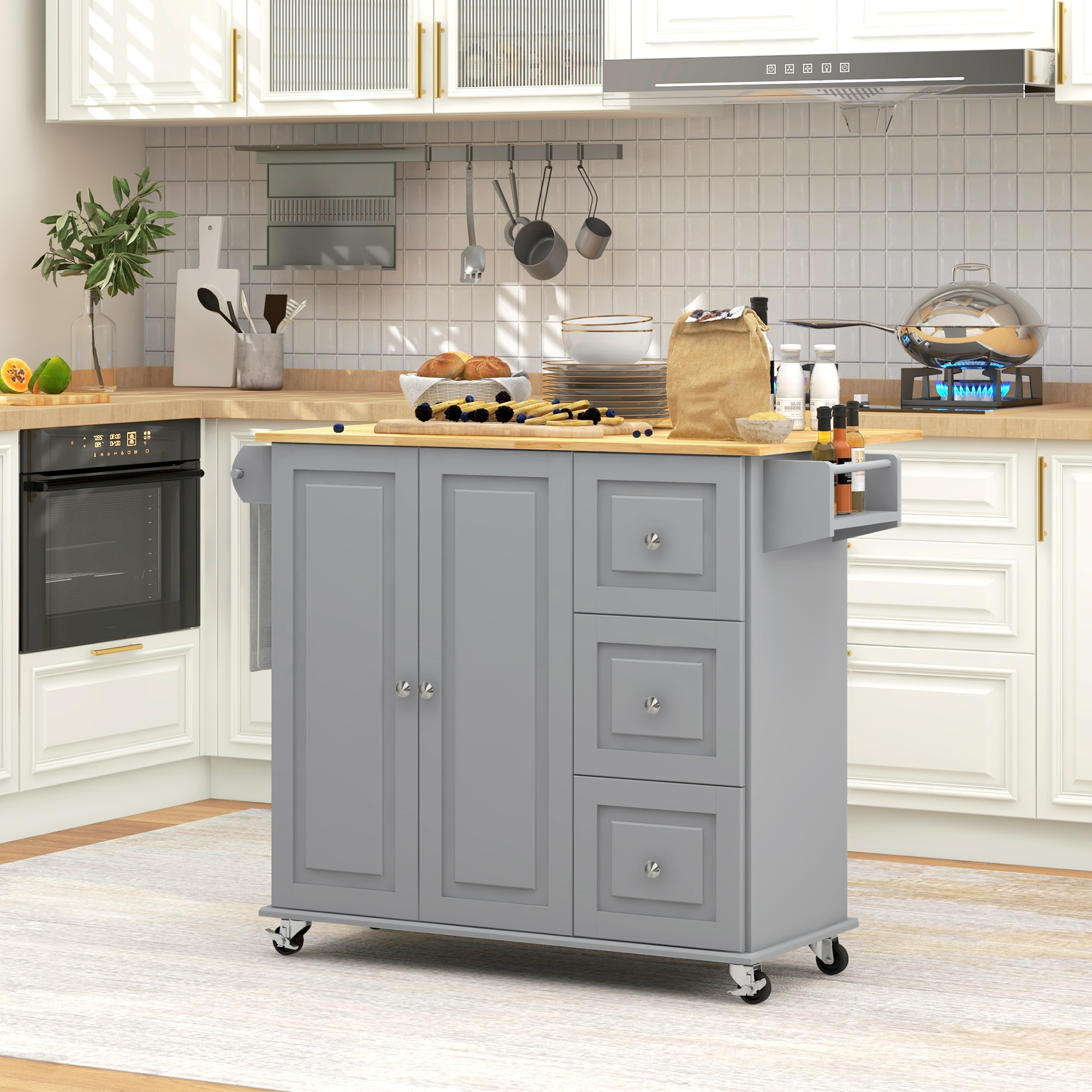 HOMCOM Kitchen Island on Wheels, Kitchen Cart with Drop Leaf, Drawers ...