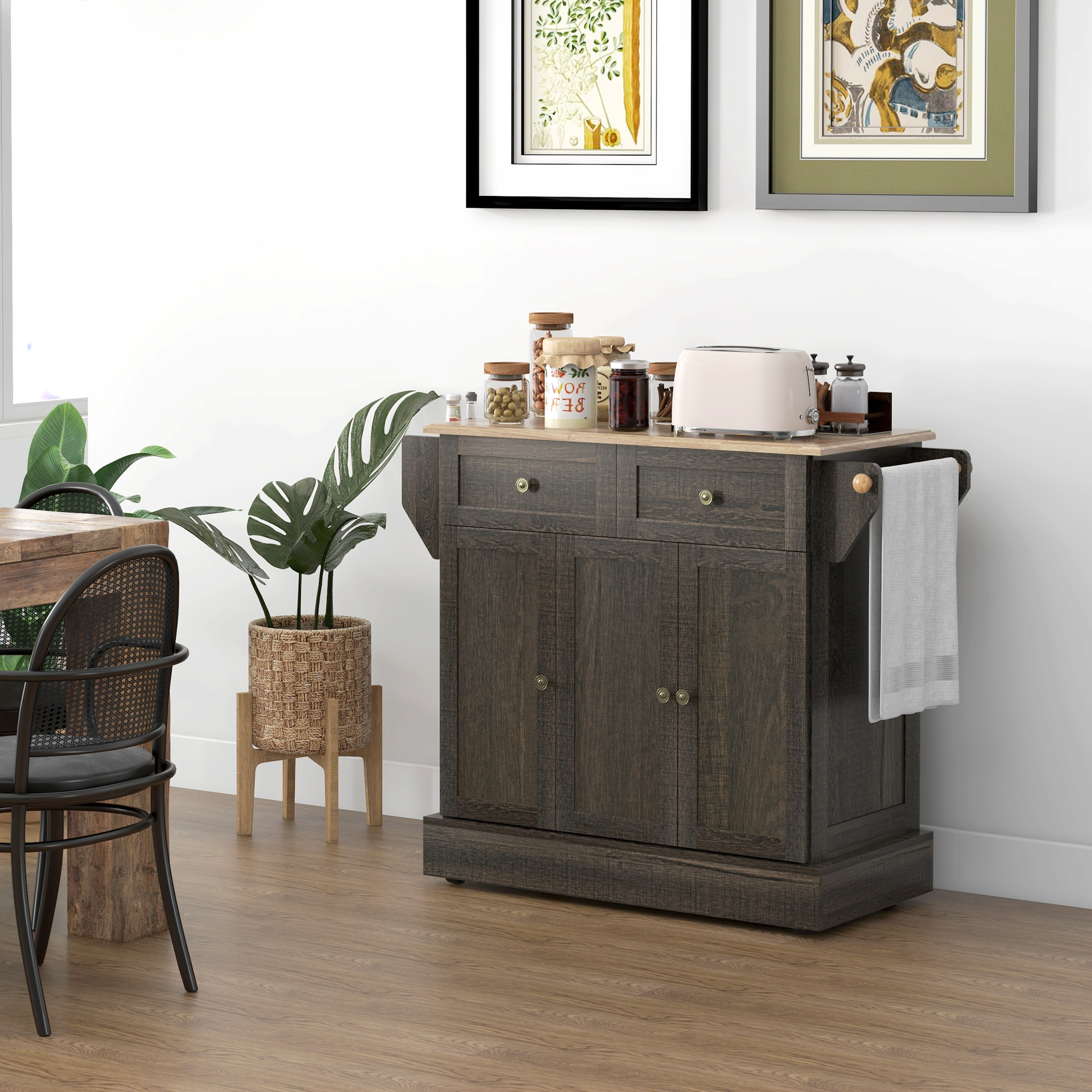 HOMCOM Triple-Cabinet Kitchen Island on Wheels, Kitchen Storage Cabinet ...
