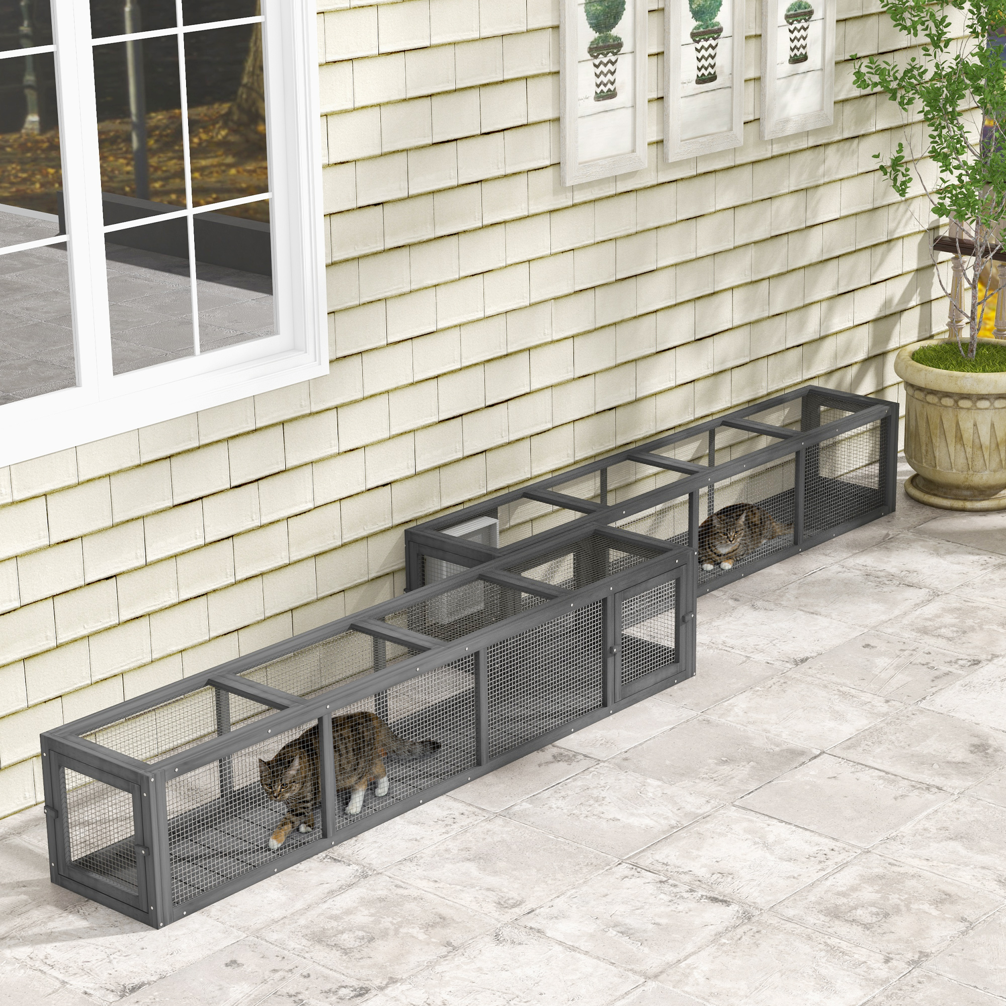 PawHut Wooden Cat Run with Weather Protection, Connecting Inside and ...