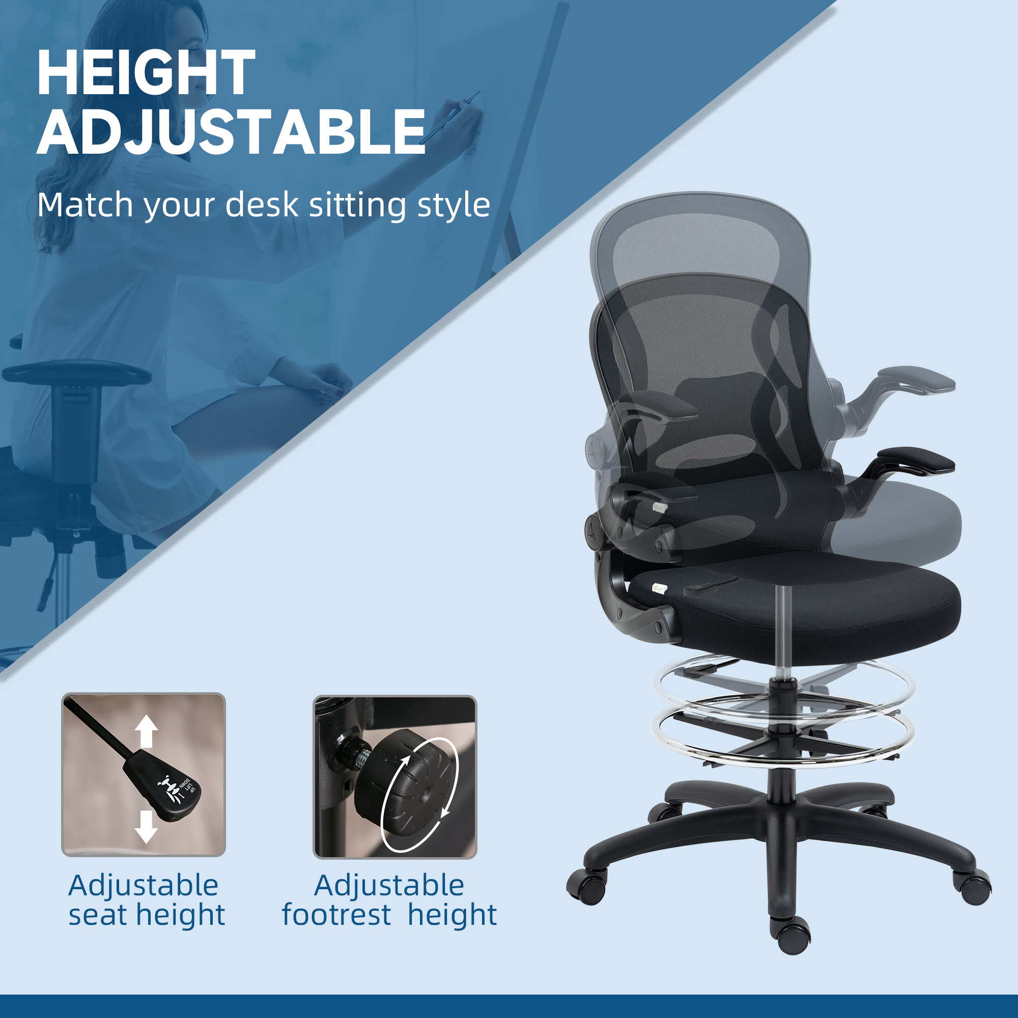 Vinsetto Ergonomic Mesh Standing Desk Chair with Flip-up Armrests ...