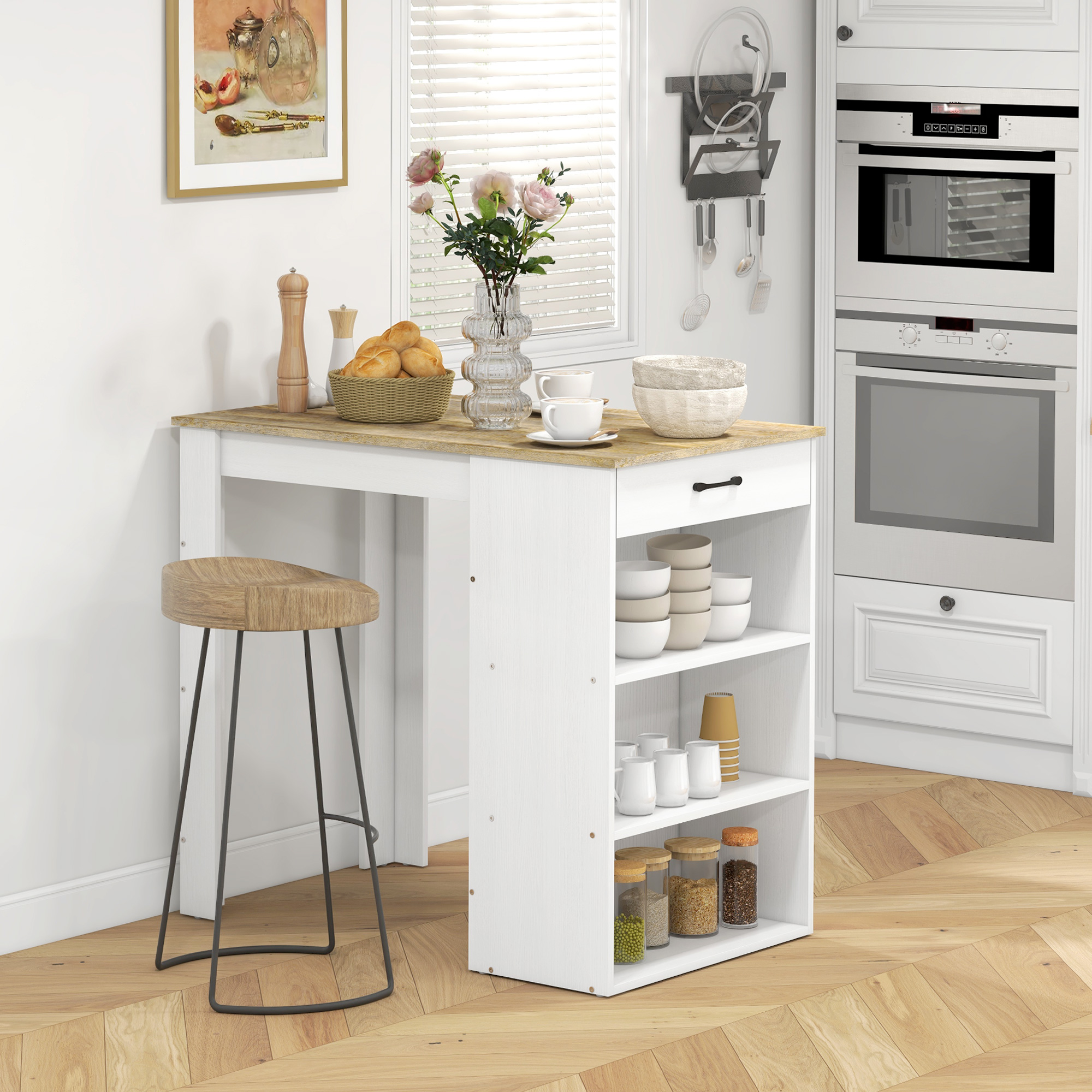 HOMCOM Bar Table with Drawer and 3 Storage Shelves, Bar Height Table ...