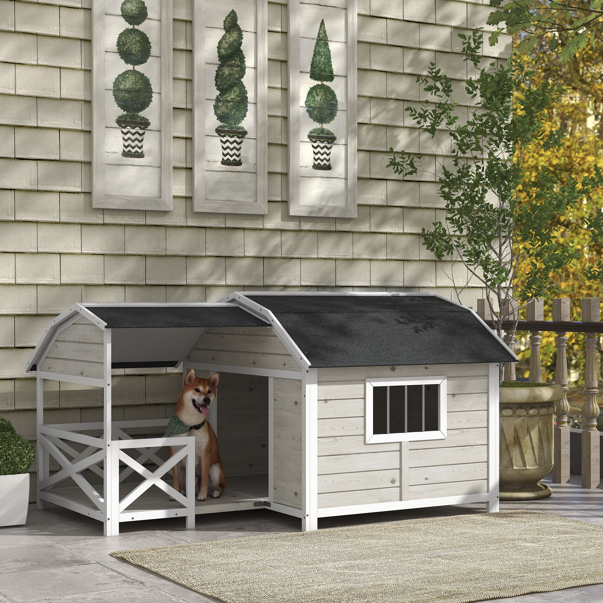 PawHut Wooden Dog House Outdoor with Porch, Raised Pet Kennel for ...