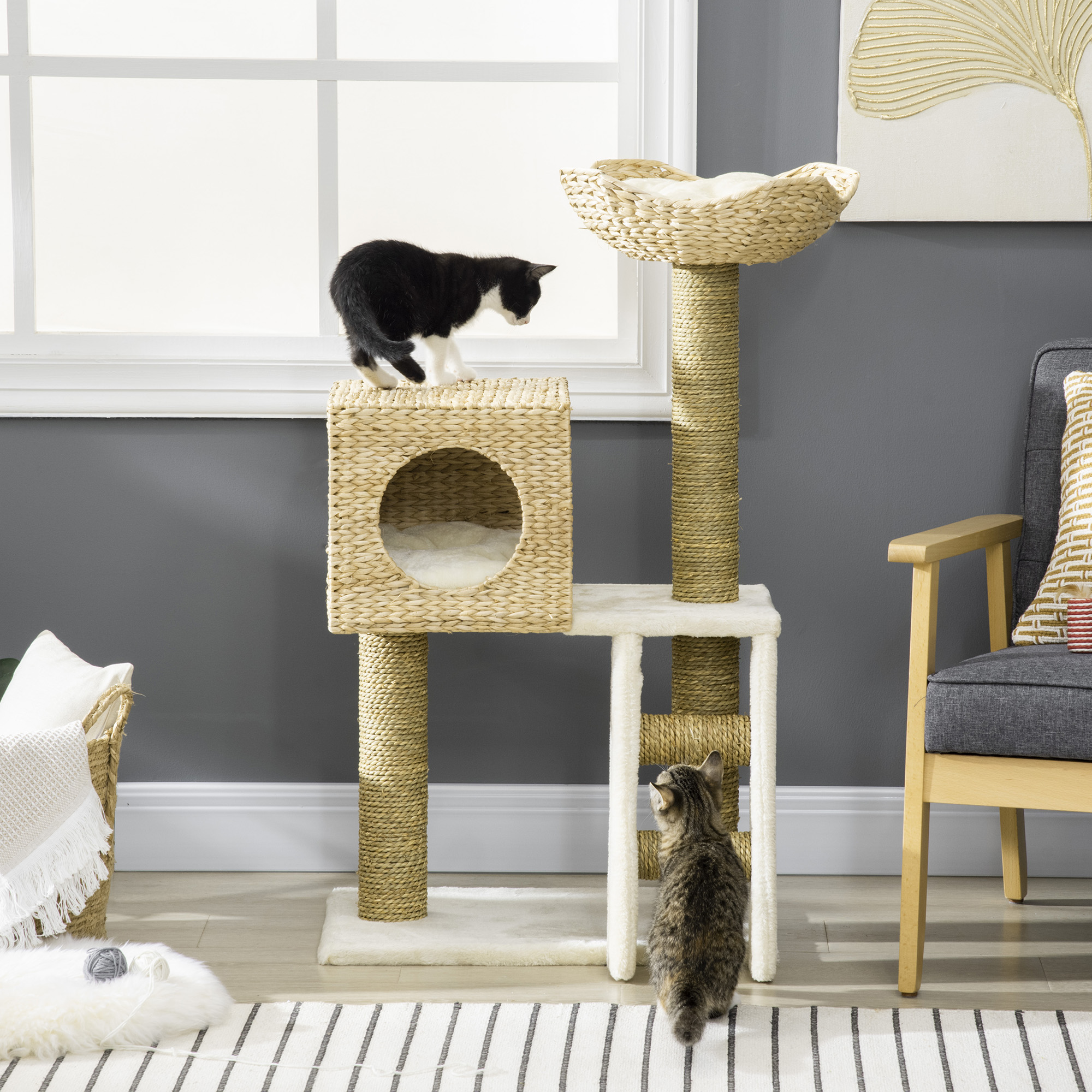 PawHut Cat Tree for Indoor Cats Kitty Tower Cattail Weave with Cat ...