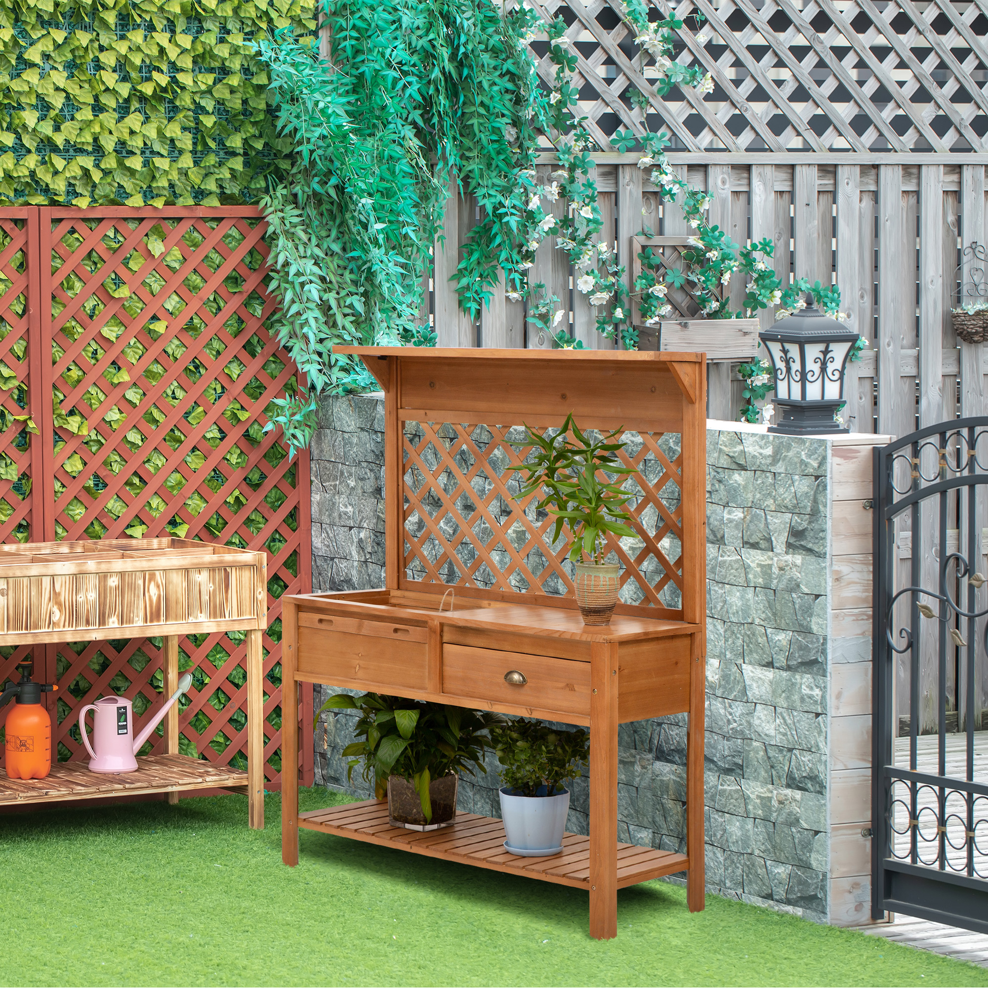 Outsunny 47'' x 17'' x 59'' Wooden Garden Potting Table with Shelf ...