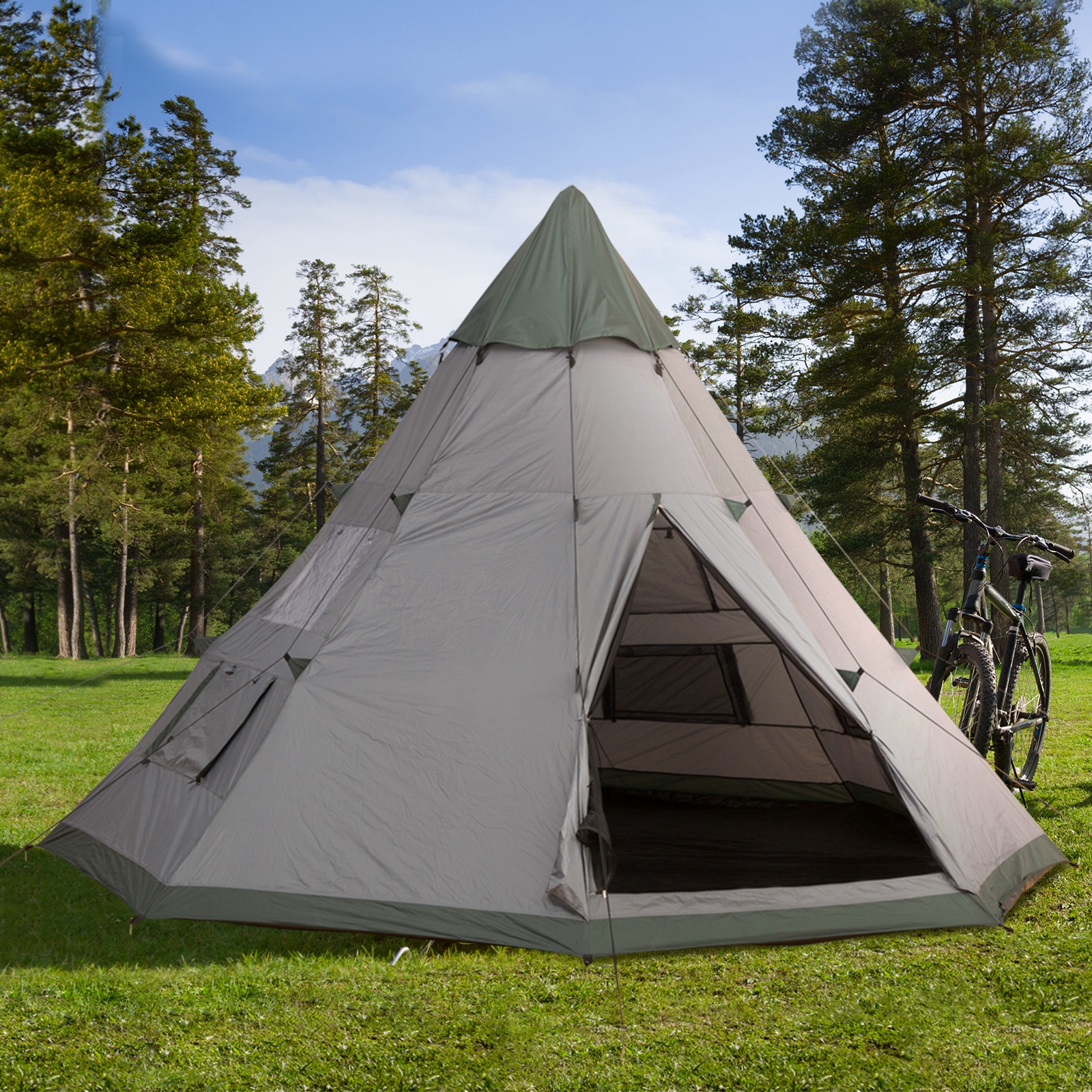 Outsunny 6 Men Camping Family Teepee Tent with Mesh Windows, Tent Floor ...