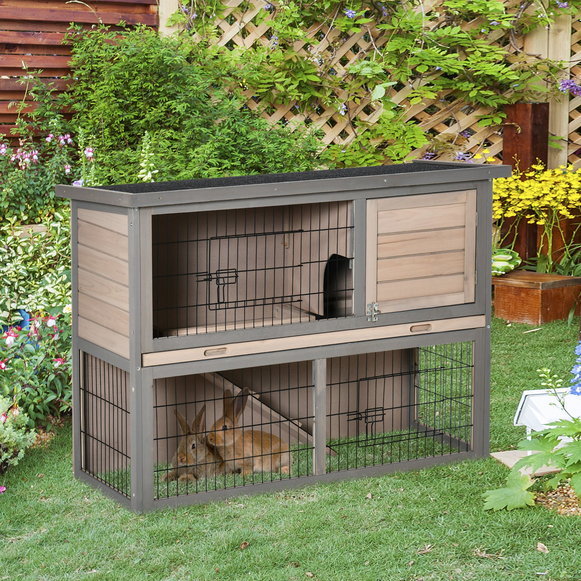 PawHut 2-Story Rabbit Hutch Bunny Cage Small Animal House with Pull Out ...