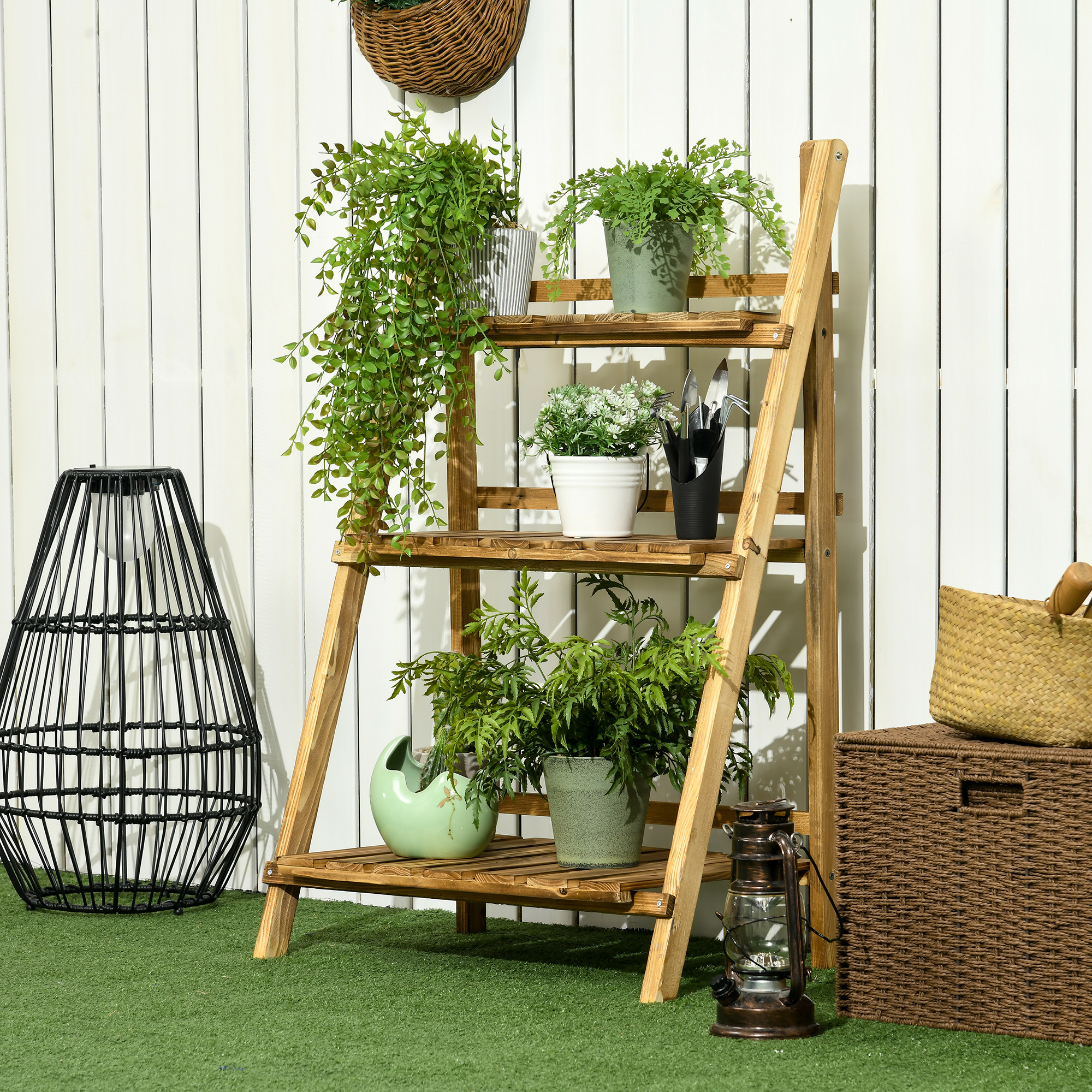 Outsunny Wooden Rustic 3-Tier Foldable Ladder Raised Plant Stand with ...