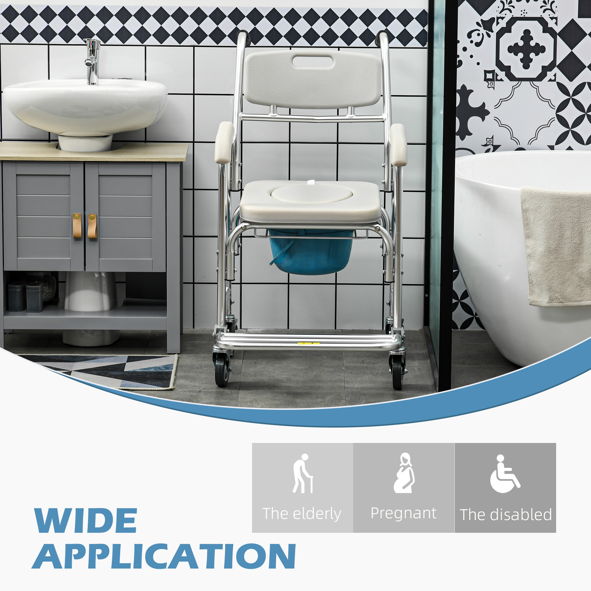 HOMCOM 3 in 1 Shower Commode Wheelchair, Transport Beside Commode Chair ...