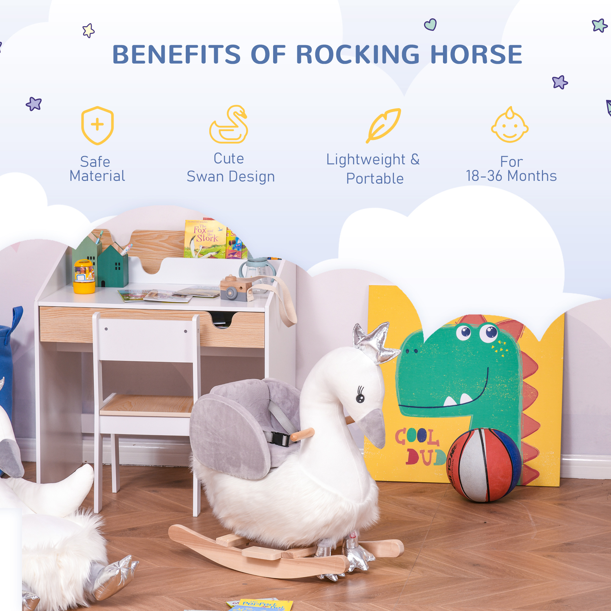 Qaba Kids Ride on Horse Swan Rocker with Sound, Plush Seat, Wooden Base ...