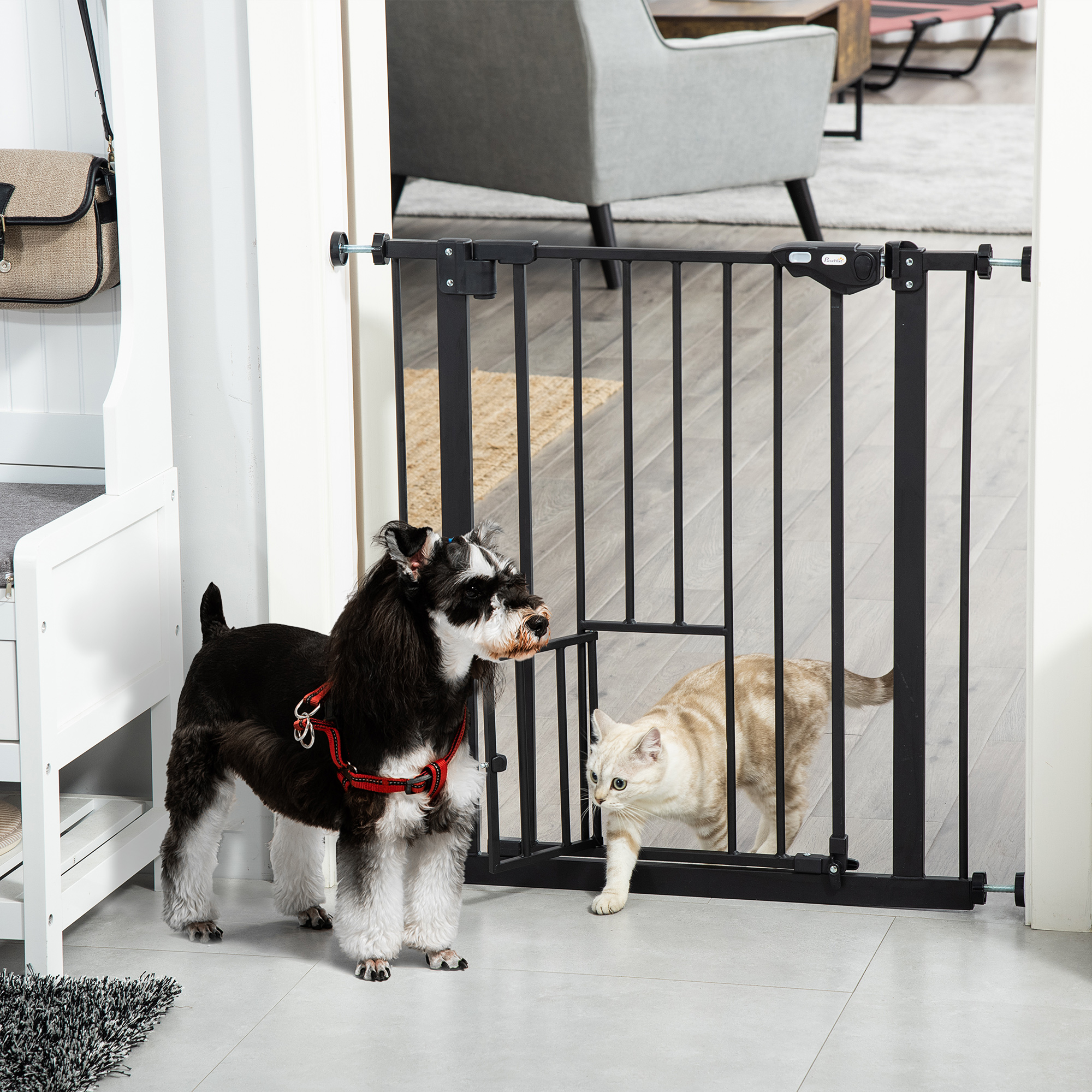 PawHut Retractable Gate Extra Wide Press-Mounted with Cat Door, Auto ...