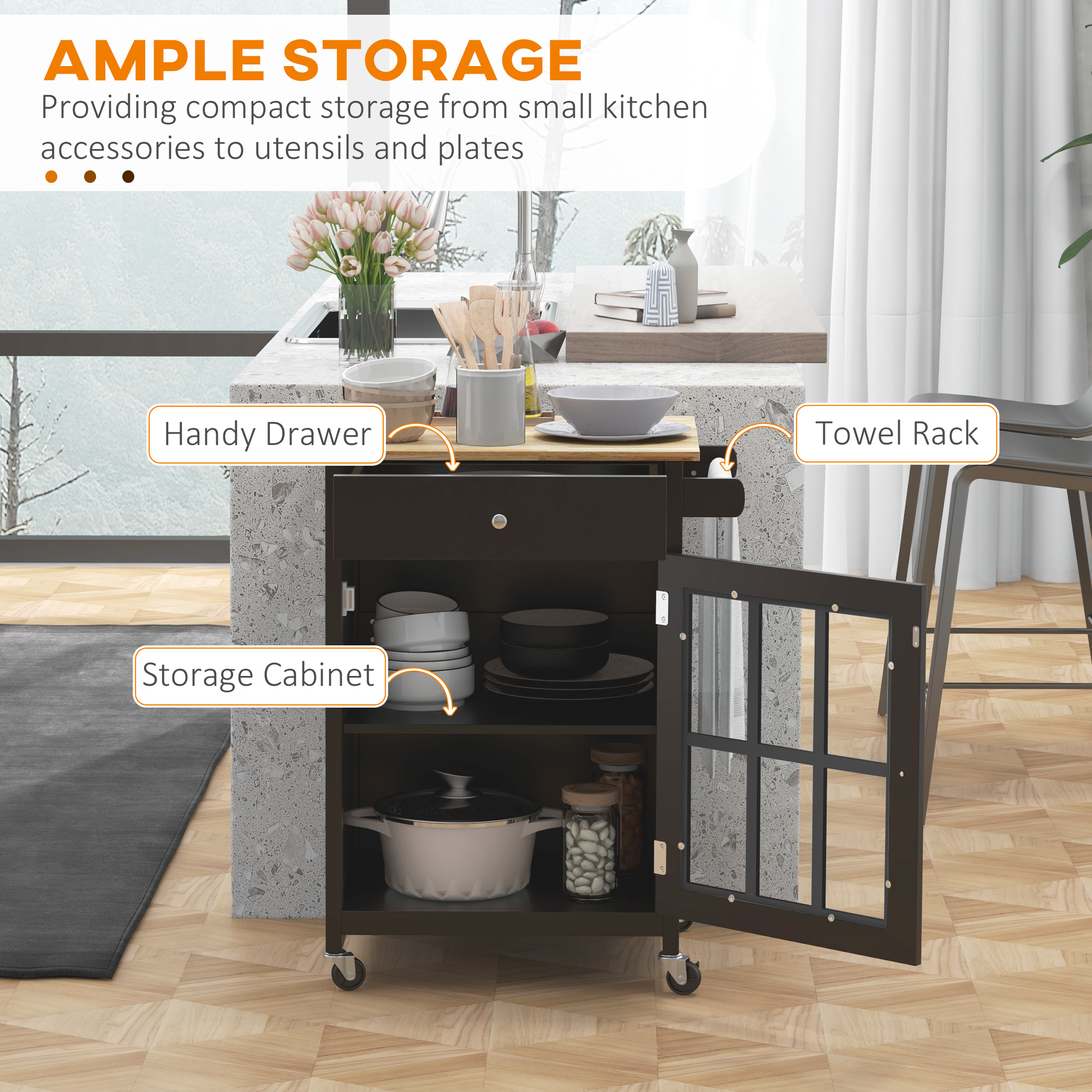 HOMCOM Rolling Kitchen Cart with Drawer and Glass Door Cabinet, Kitchen ...