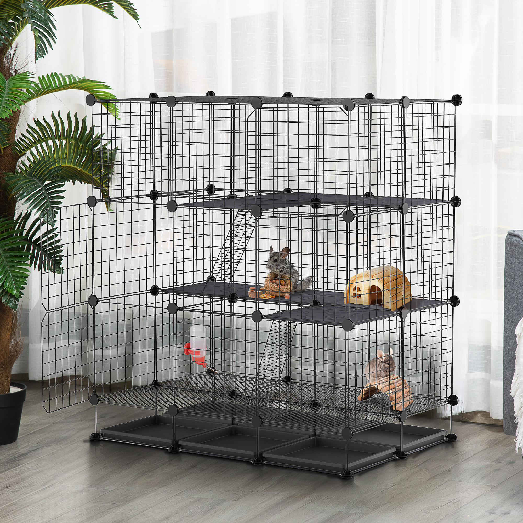 PawHut DIY Pet Playpen Wire Cage for Kitten Bunny & Chinchilla W/ Trays ...